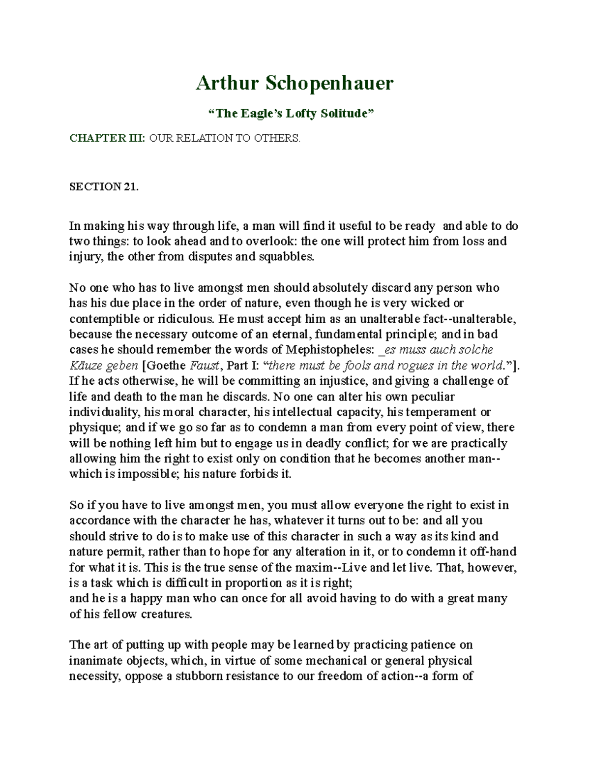 Schopenhauer-The Eagle's Lofty Solitude - Arthur Schopenhauer “The ...