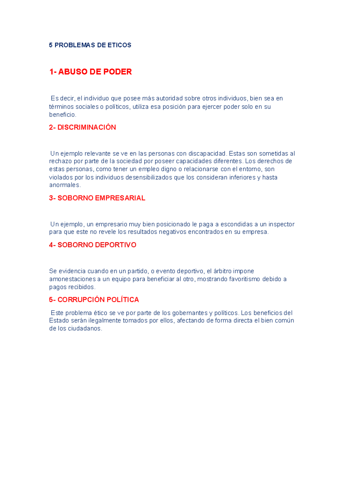 5 Problemas DE Eticos Trabajo - 5 PROBLEMAS DE ETICOS 1 - ABUSO DE ...