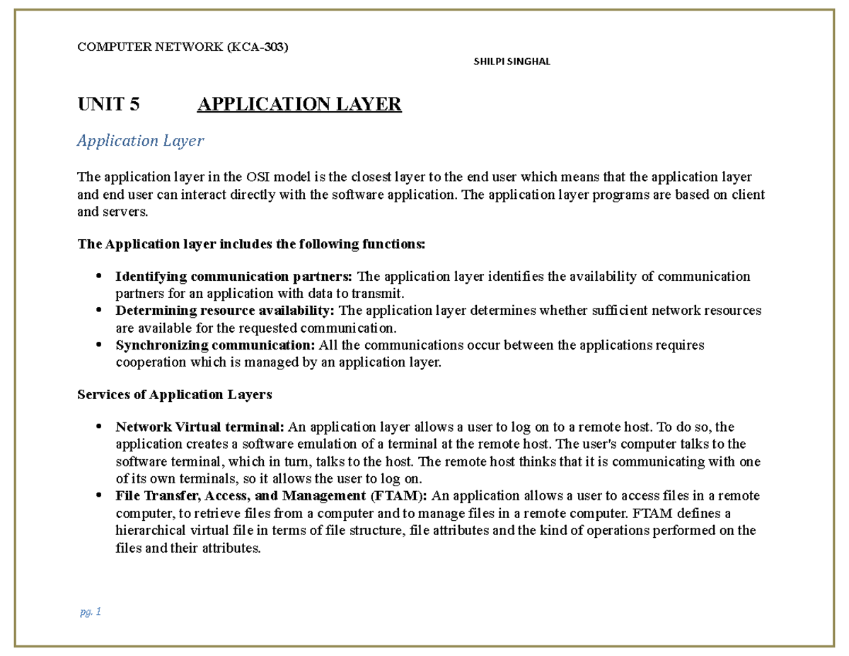 Unit 5 (KCA-303) - SHILPI SINGHAL UNIT 5 APPLICATION LAYER Application Layer The application ...