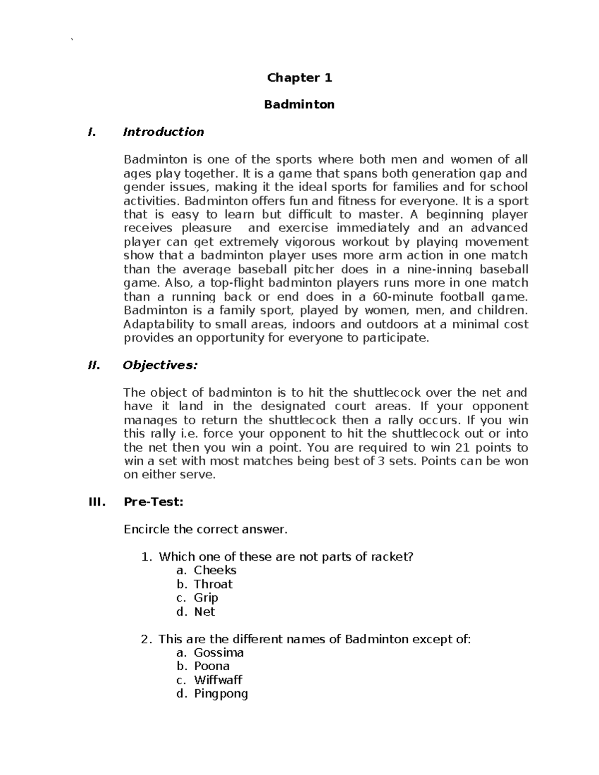 PE 4 Chapter 1 Badminton - Chapter 1 Badminton I. Introduction ...