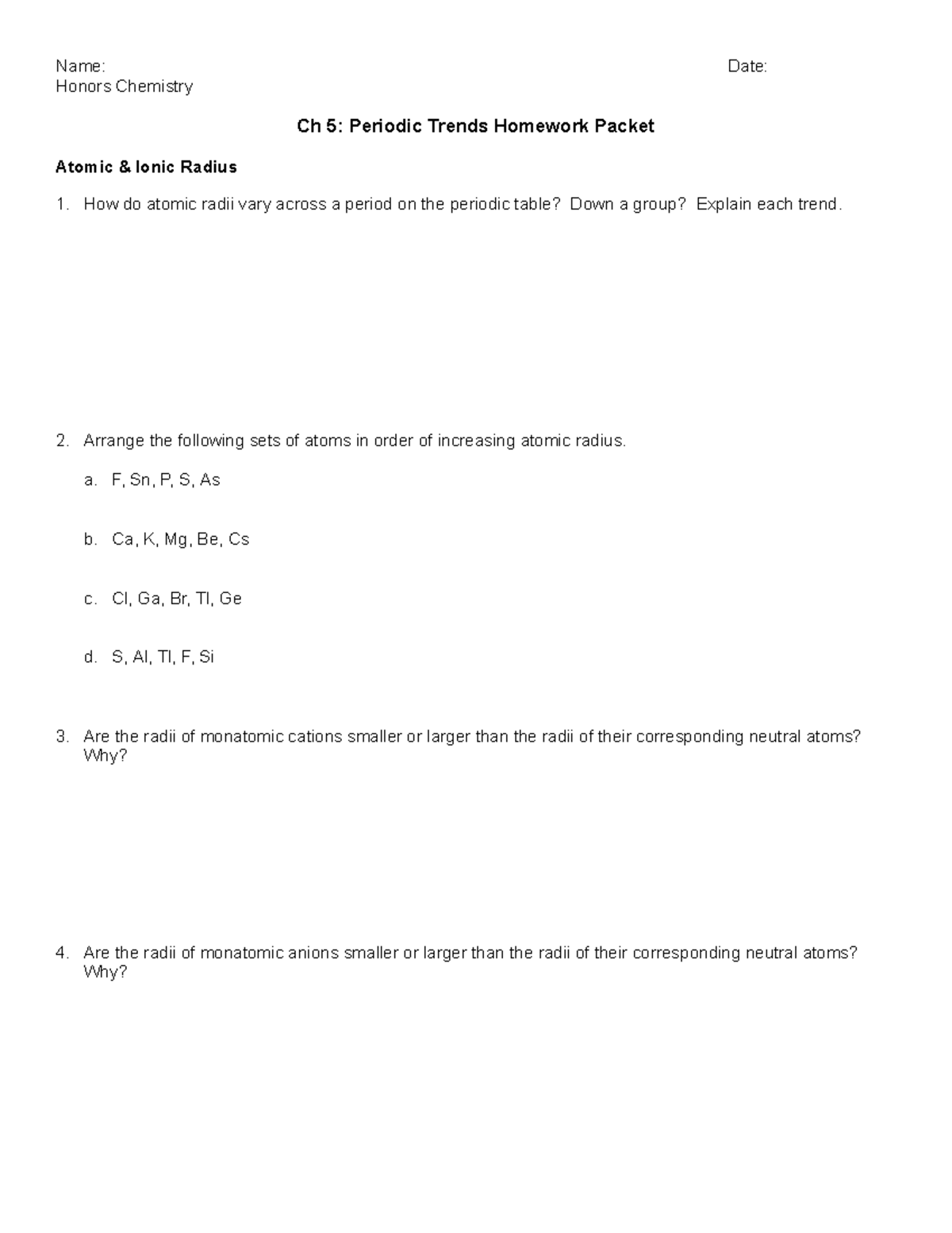Periodic Trends Packet (H) - Name: Date: Honors Chemistry Ch 5 ...