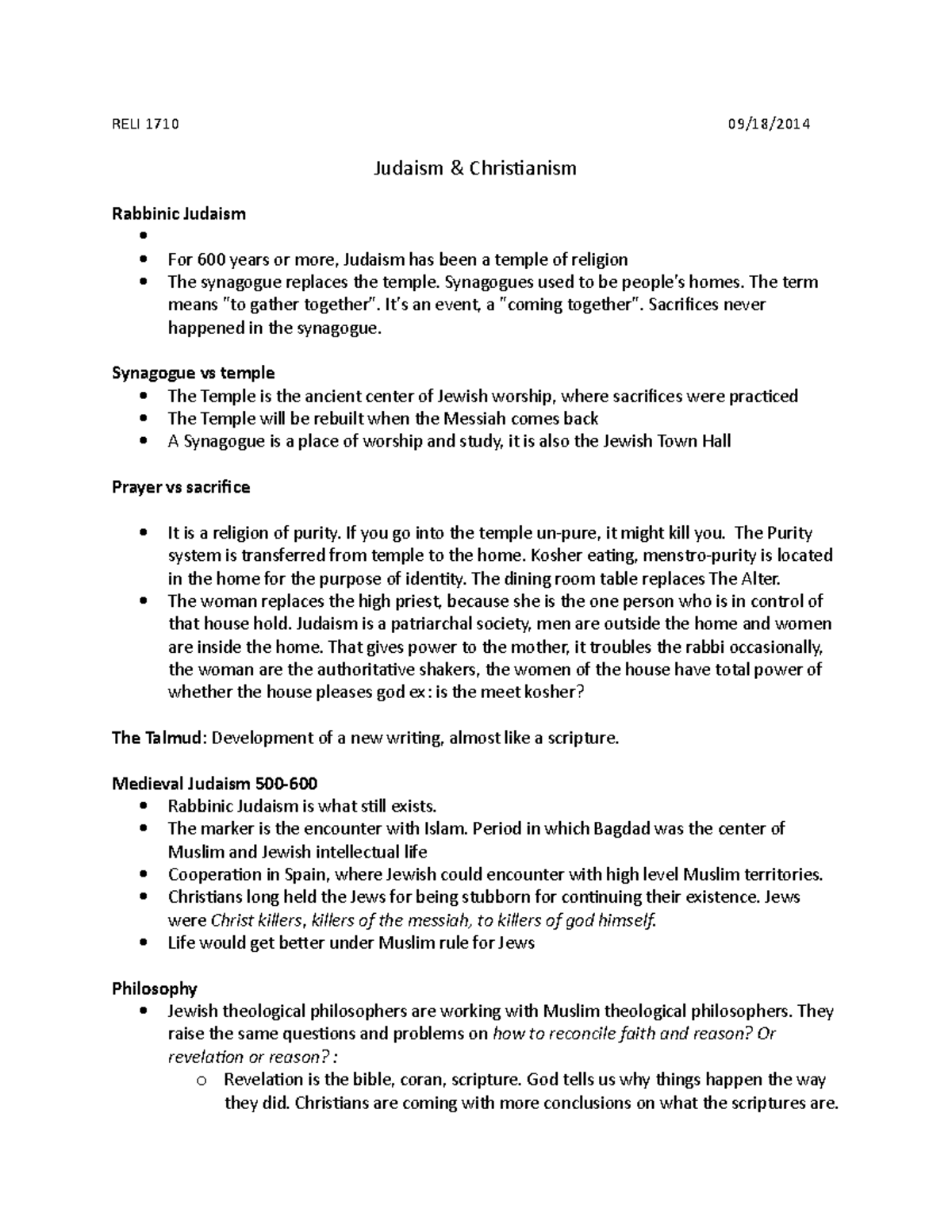 Religion Christianity Judaism and Islam - RELI 1710 09/18/ Judaism ...