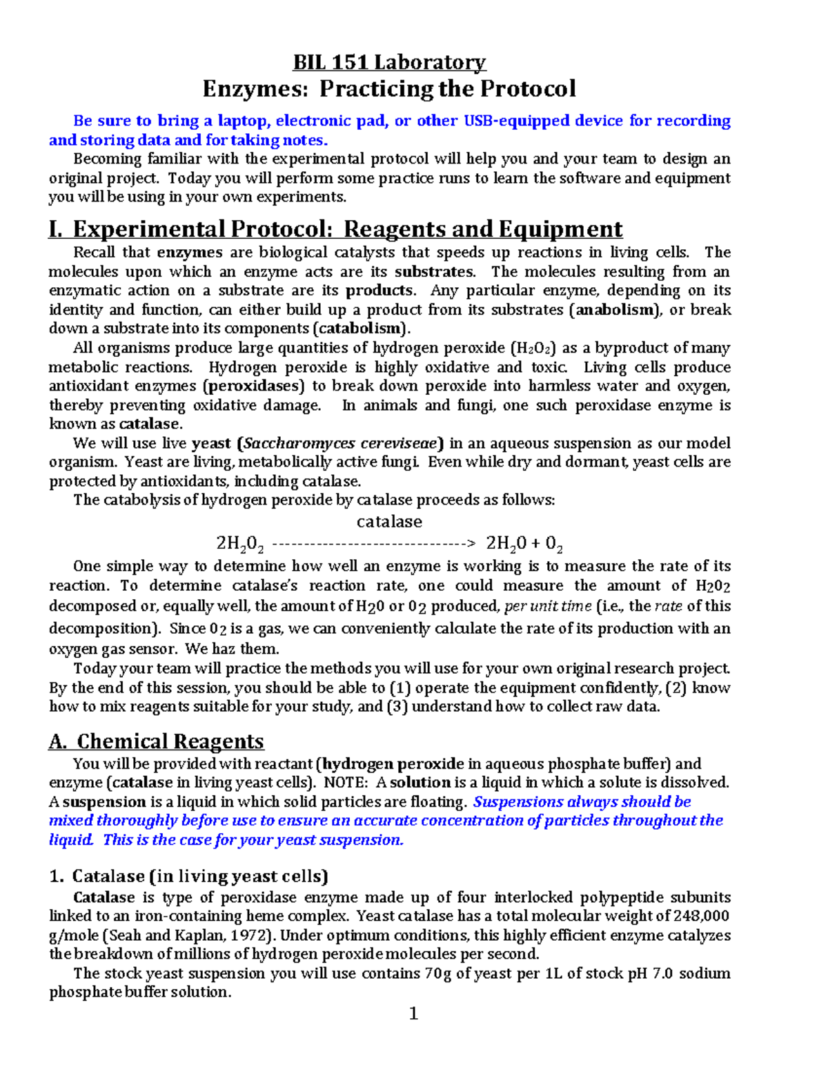 Enzymes practicing protocol notes - BIL 151 Laboratory Enzymes ...