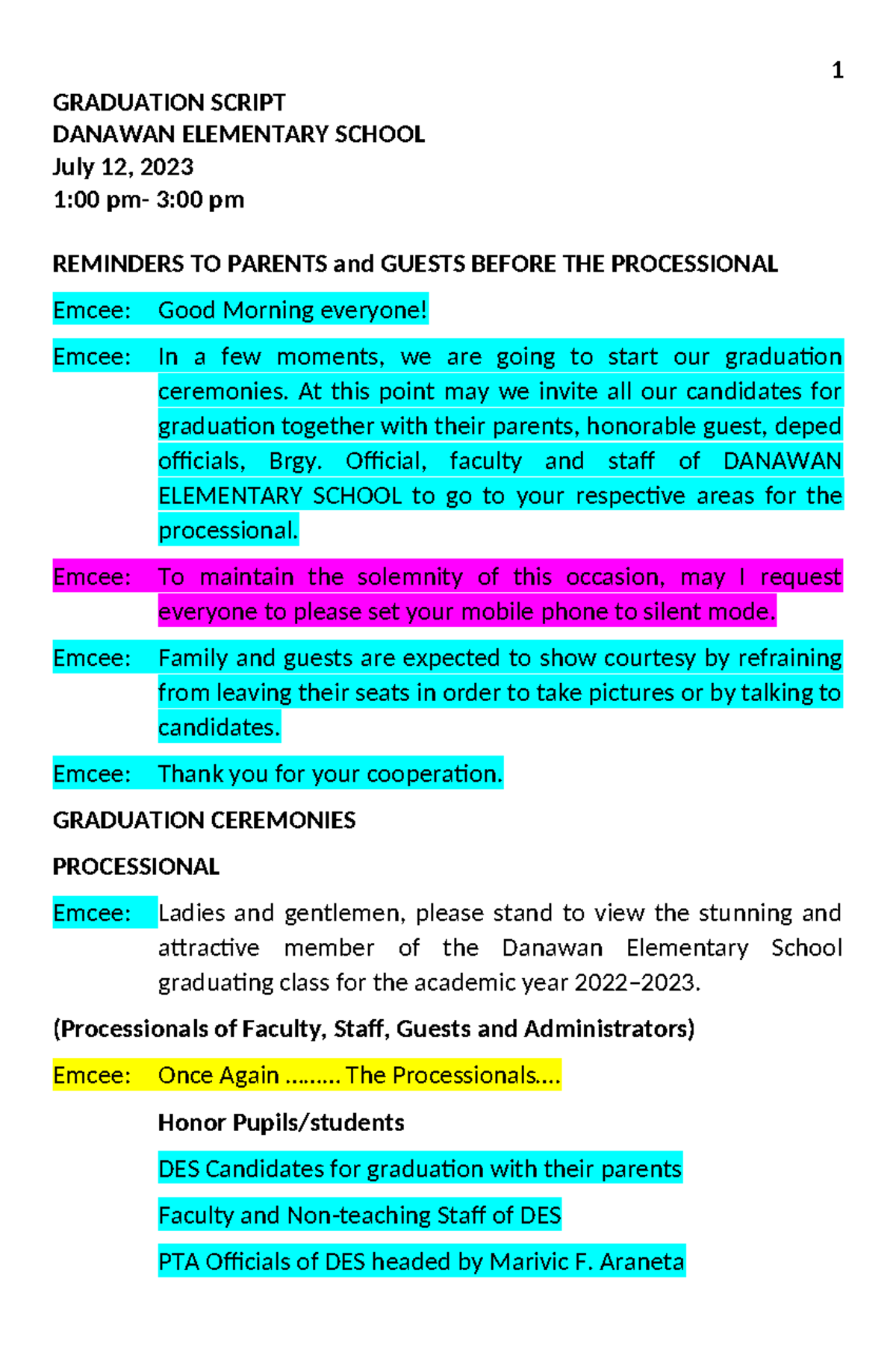 Ecmee- Script-2 - emcee script sample - 1 GRADUATION SCRIPT DANAWAN ELEMENTARY SCHOOL July 12 ...