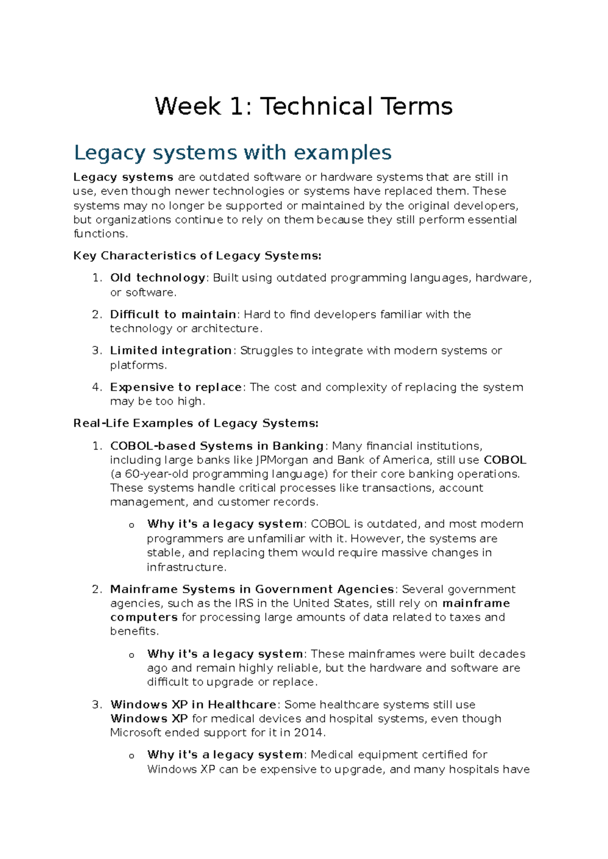 Week 1 - Technical Terms - Week 1: Technical Terms Legacy systems with ...