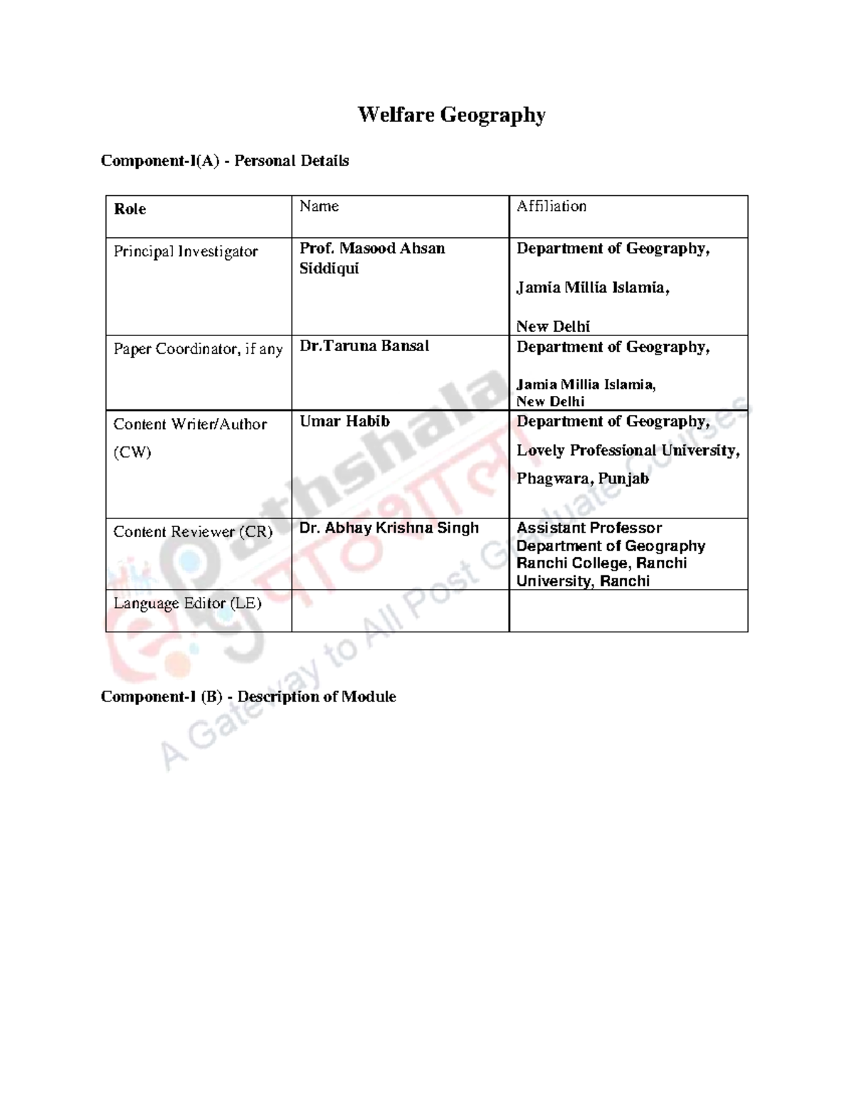 WELFARE GEOGRAPHY - Welfare Geography Component-I(A) - Personal Details Component-I (B) - - Studocu