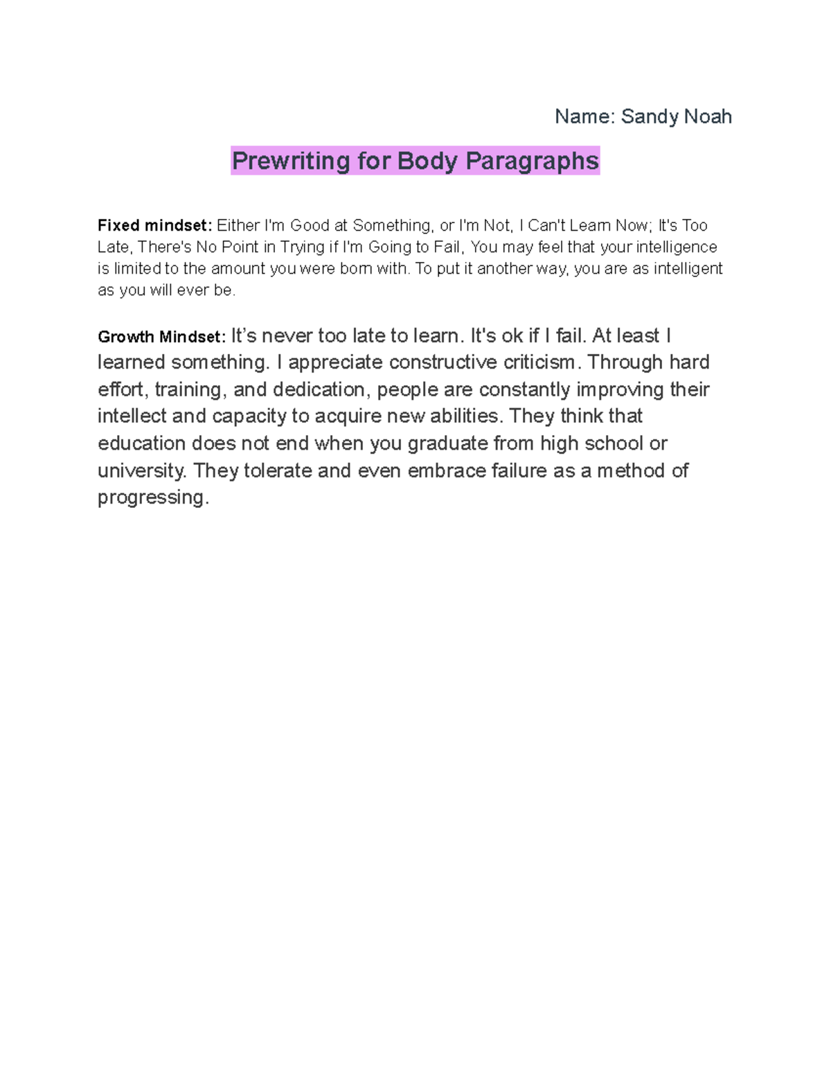 Aug. 24 Prewriting for Essay 1 Body Paragraphs - Name: Sandy Noah ...
