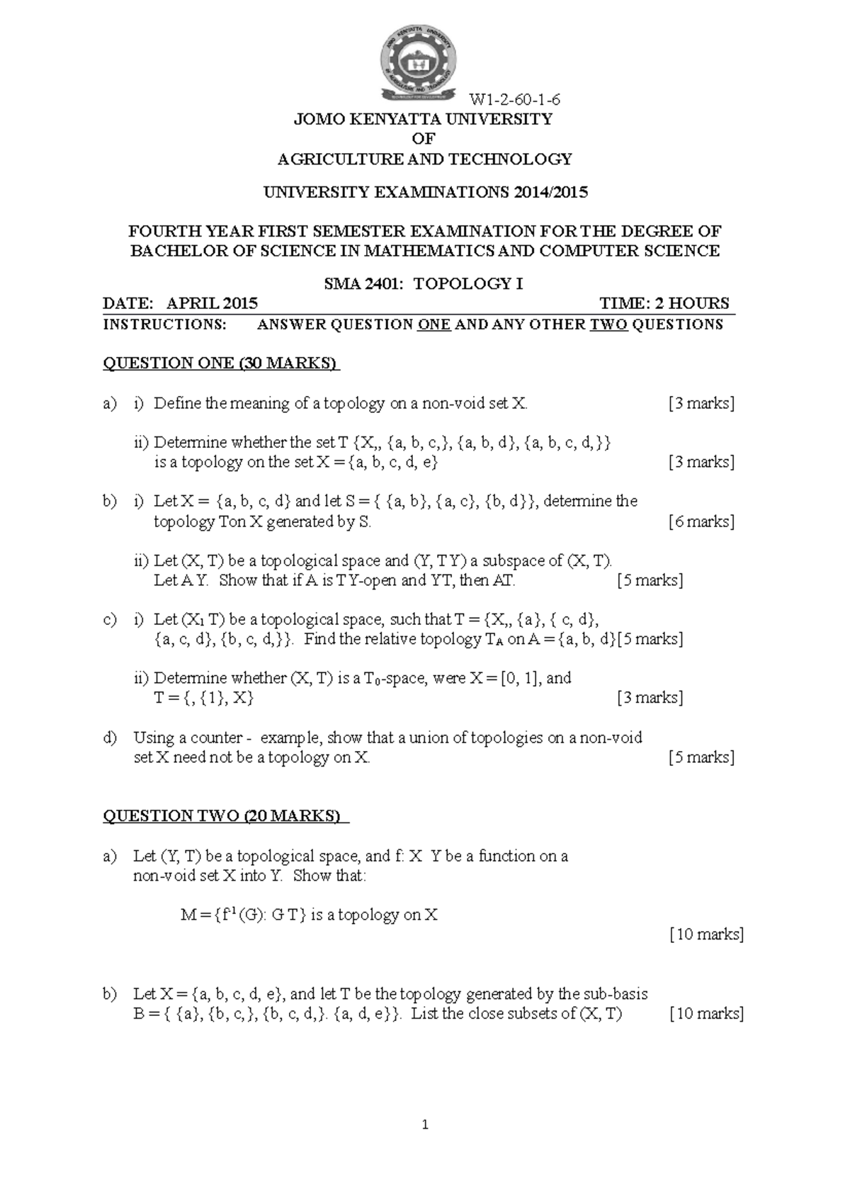 SMA 2401 Topology I - It's a past paper - W1-2-60-1- JOMO KENYATTA ...