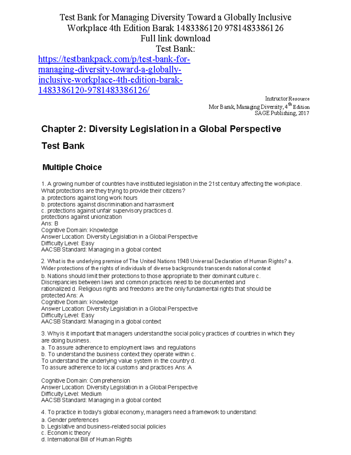 HR Chapter 2 - test 2 hr - Test Bank for Managing Diversity Toward a ...