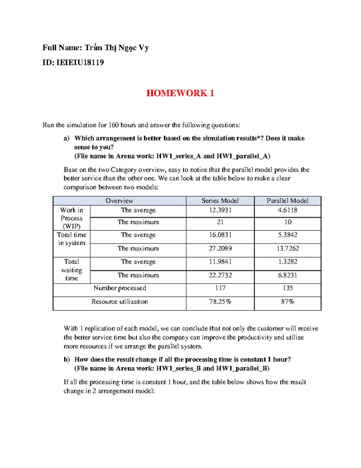 HW1- Explaination - Simulation model in Arena - Full Name: Trần Thị ...