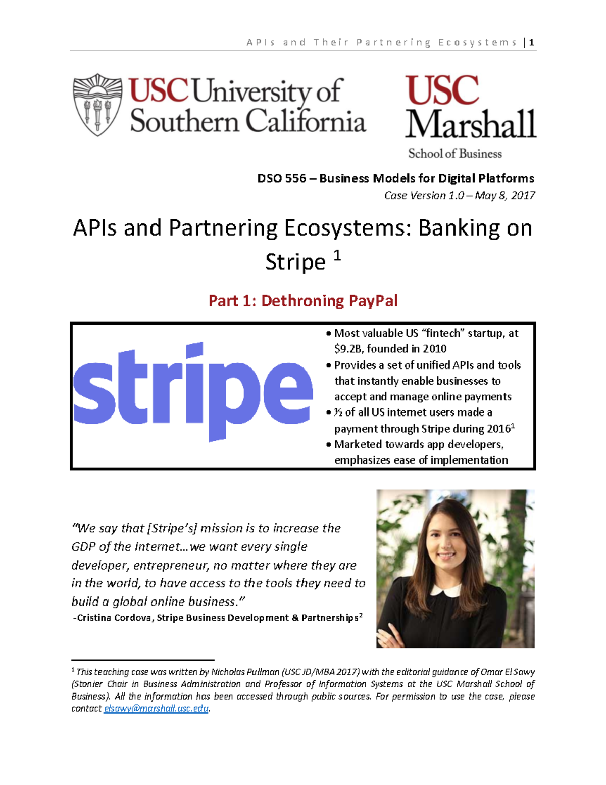 Stripe API v1 - DSO 556 – Business Models for Digital Platforms Case Version 1 – May 8, 2017 ...