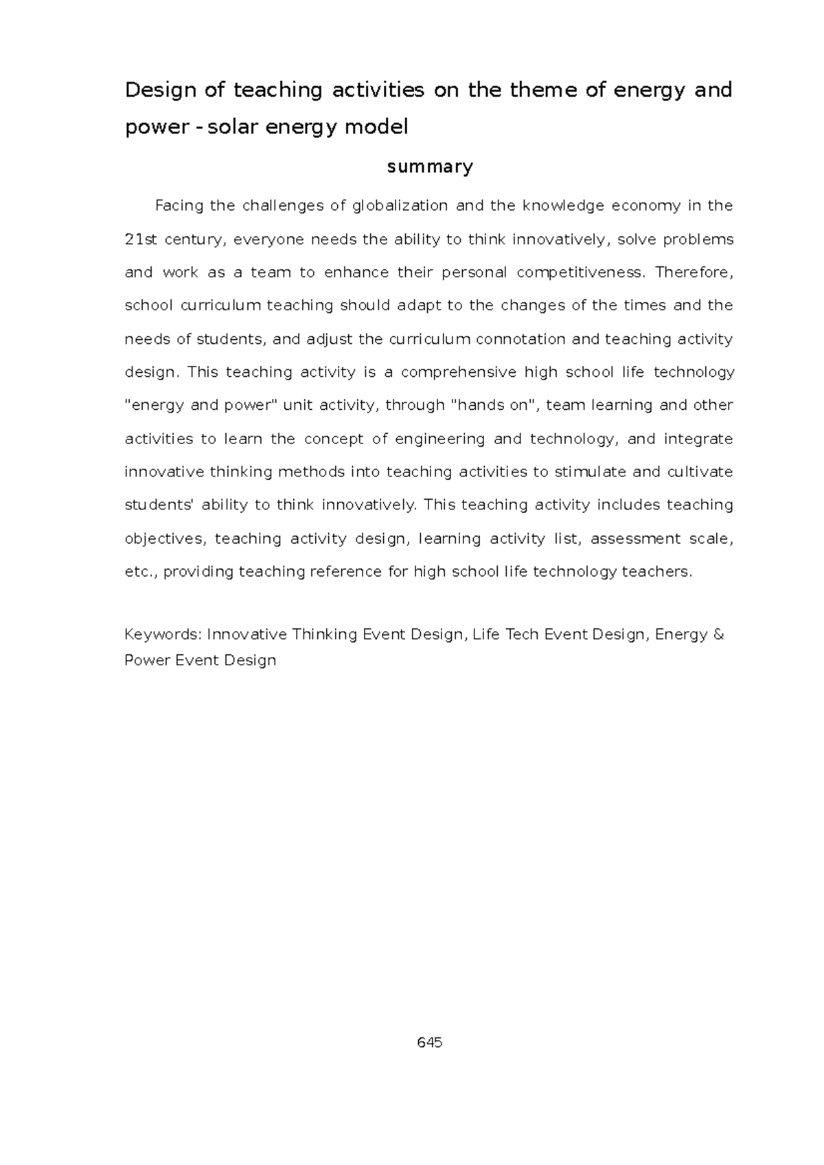 Design of teaching activities on the theme of energy and power - solar ...