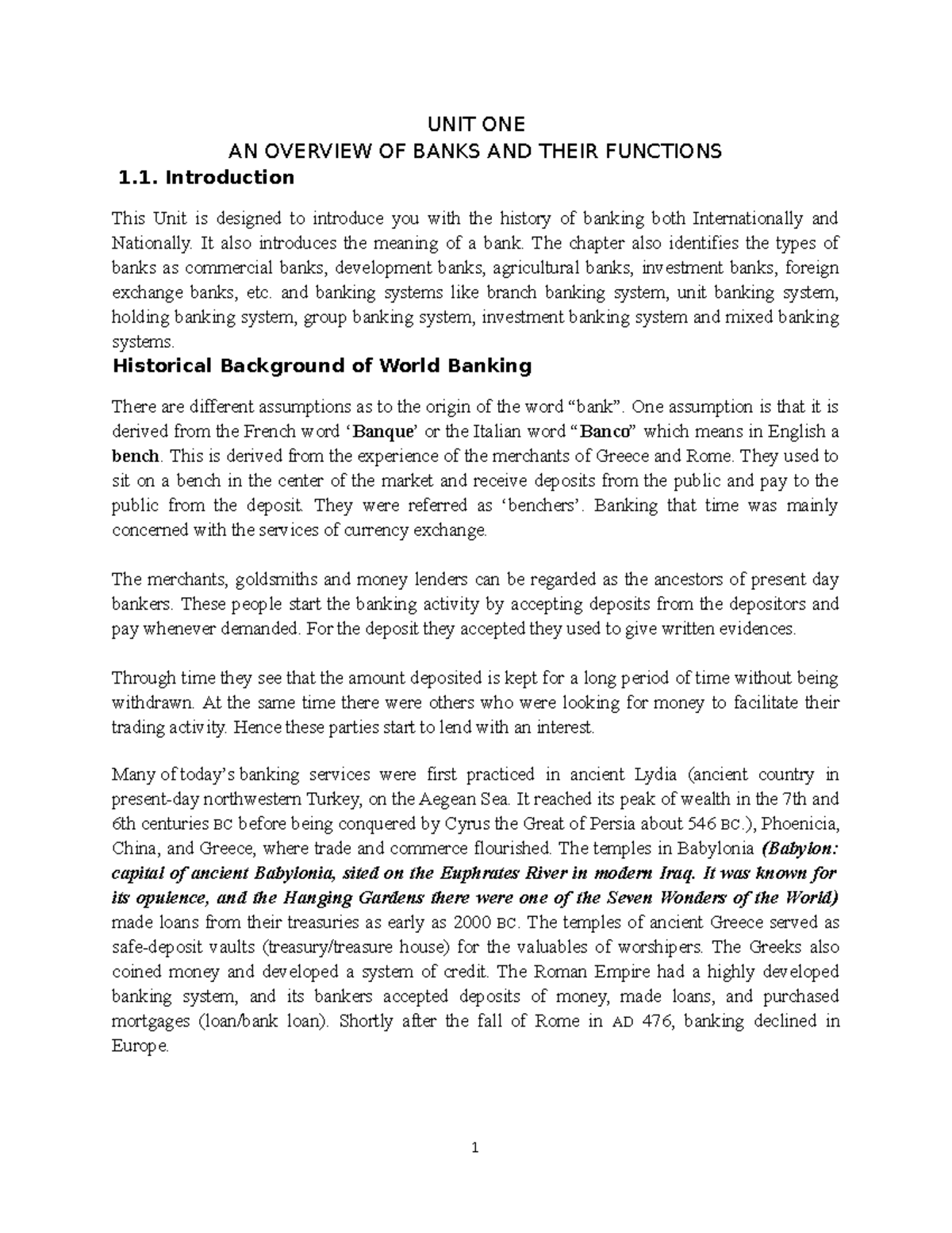 UNIT ONE An over view of banks and their function - UNIT ONE AN ...