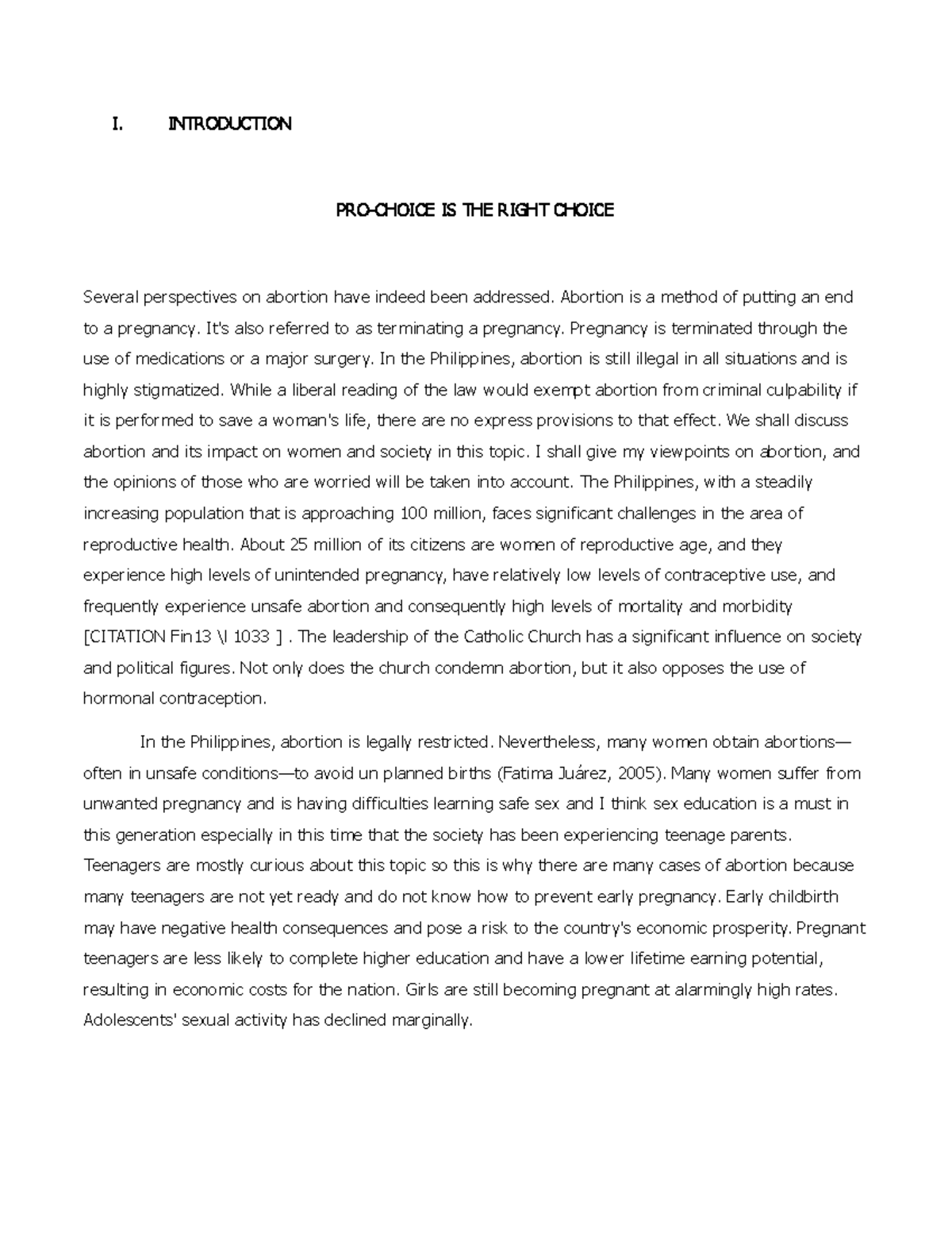 Maricar P. Position Paper - I. INTRODUCTION PRO-CHOICE IS THE RIGHT ...