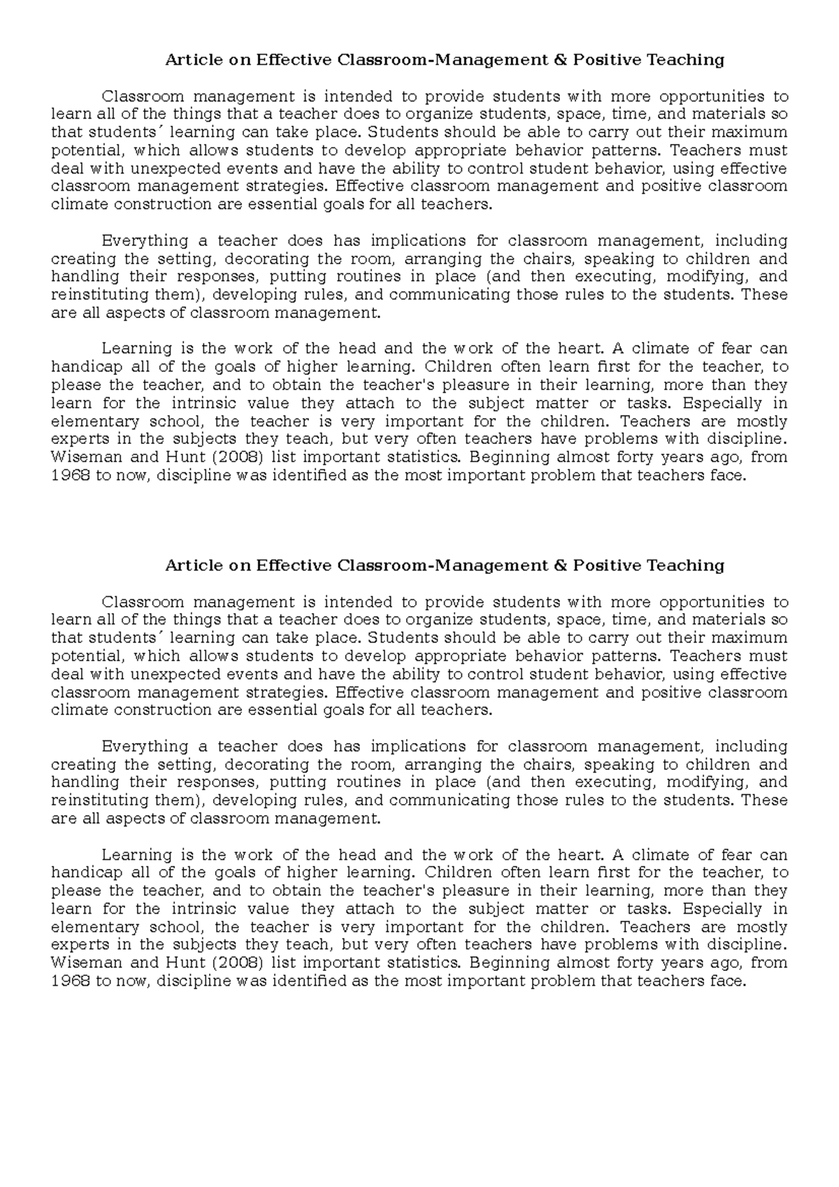 Article-education - For references - Article on Effective Classroom ...