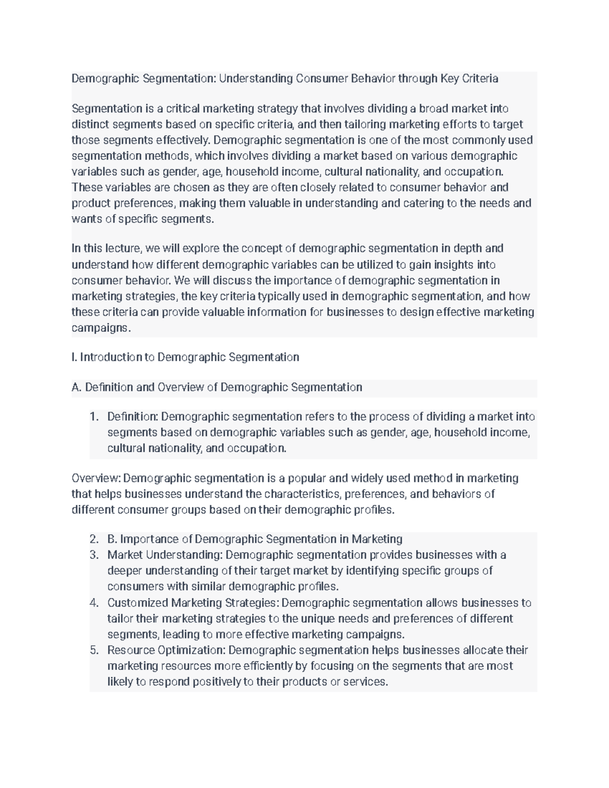 MKT2210 lecture notes 101 - Demographic Segmentation: Understanding ...