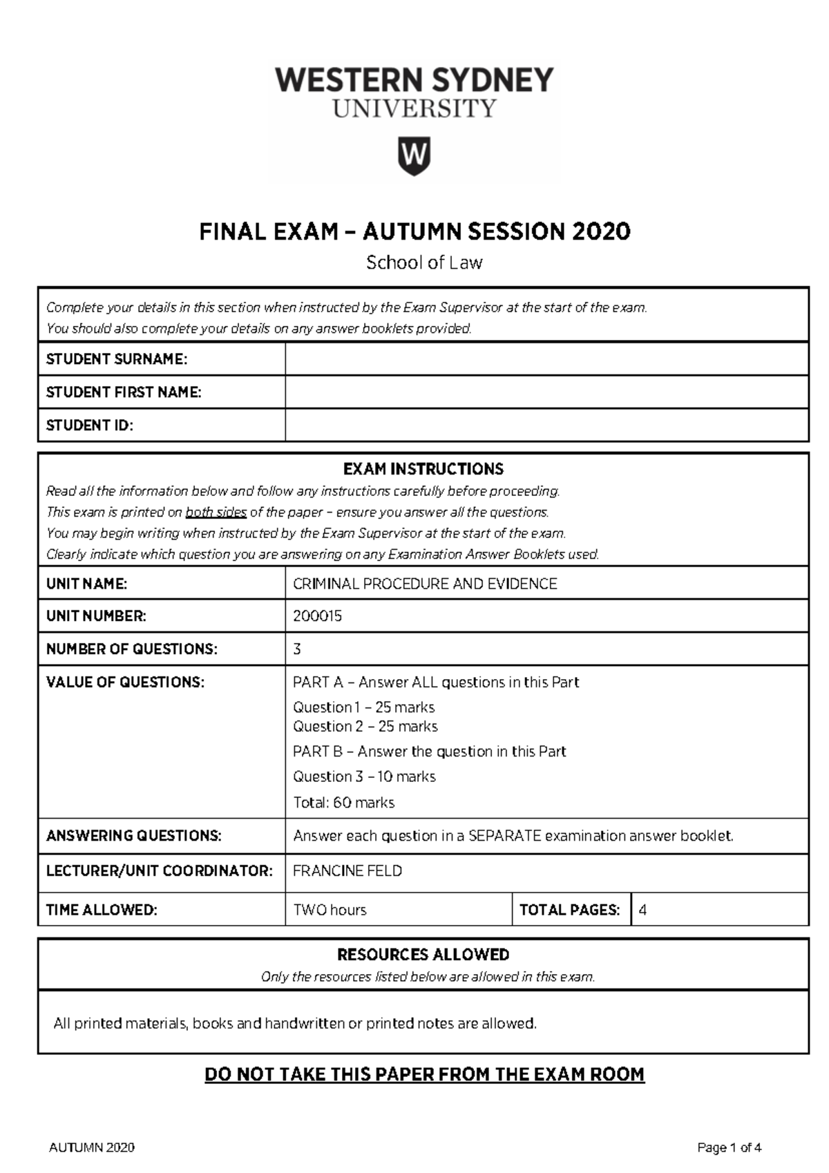 2020 past paper - FINAL EXAM – AUTUMN SESSION 2020 School of Law ...