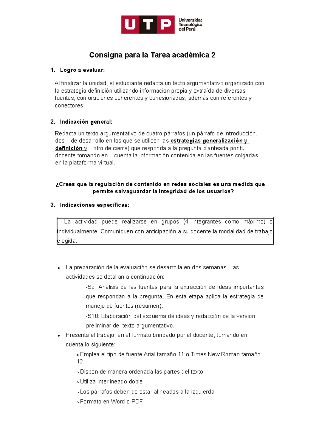 TA2-Redaccion - TA2 - Consigna para la Tarea académica 2 1. Logro a evaluar: Al finalizar la ...