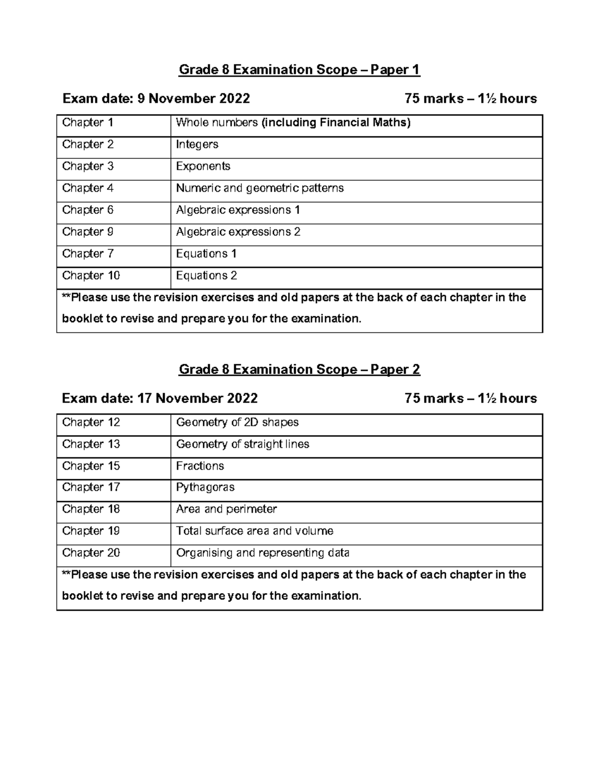 Grade 8 Examination Scope - Grade 8 Examination Scope – Paper 1 Exam ...