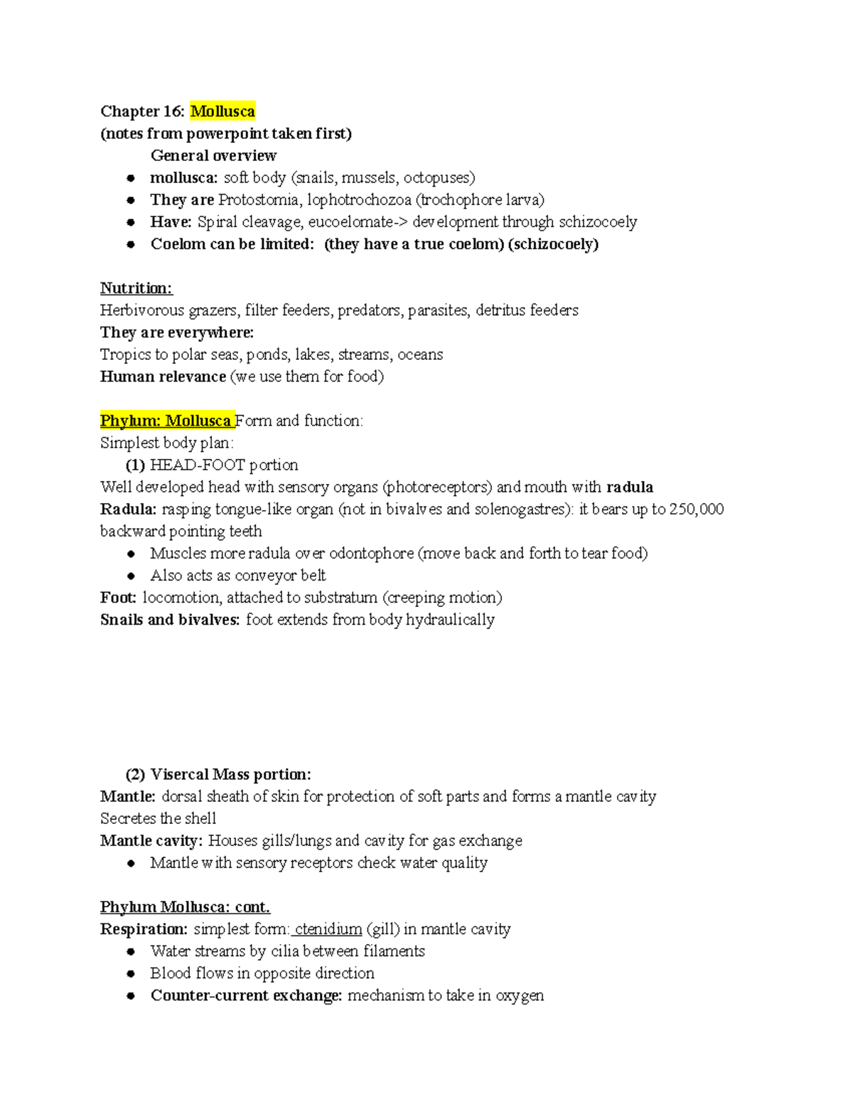 Chapter 16 zoology notes - Chapter 16: Mollusca (notes from powerpoint ...