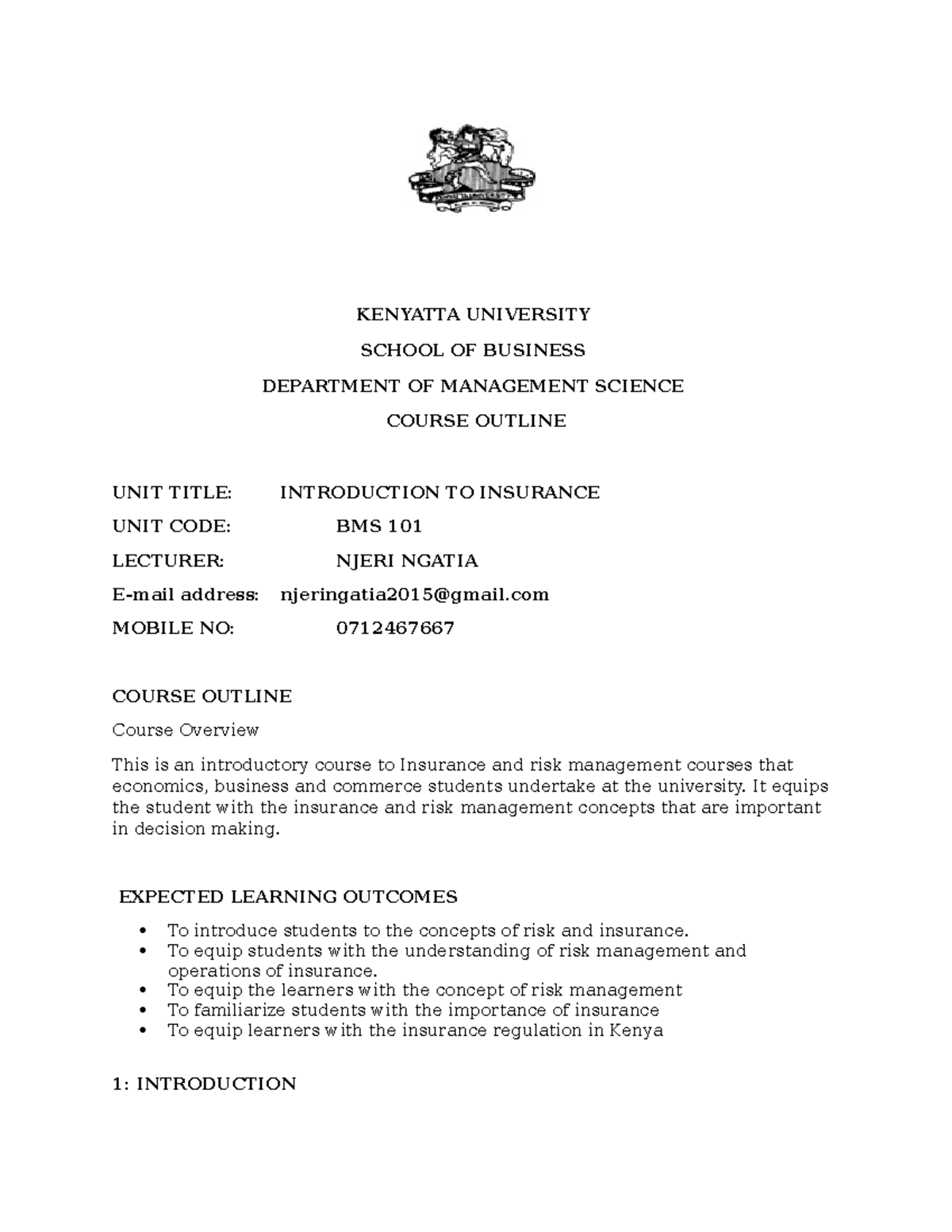 Introduction TO Insurance Management - KENYATTA UNIVERSITY SCHOOL OF ...