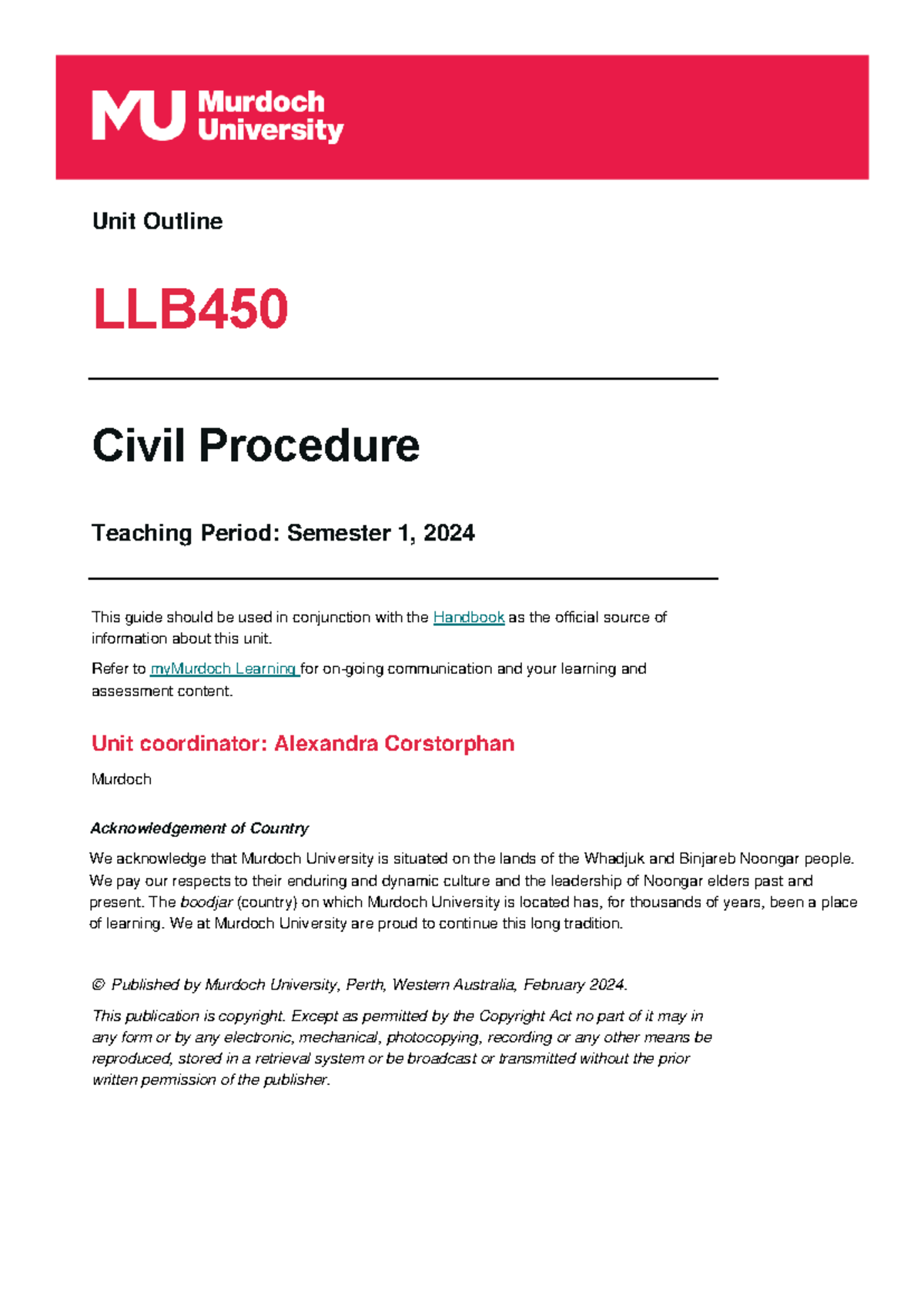 Civil Procedure Unit Guide - Unit Outline LLB Civil Procedure Teaching ...