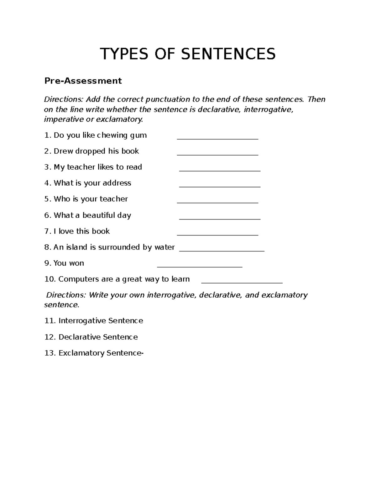 Types of Sentences - This also includes pre-test and post-test relevant ...