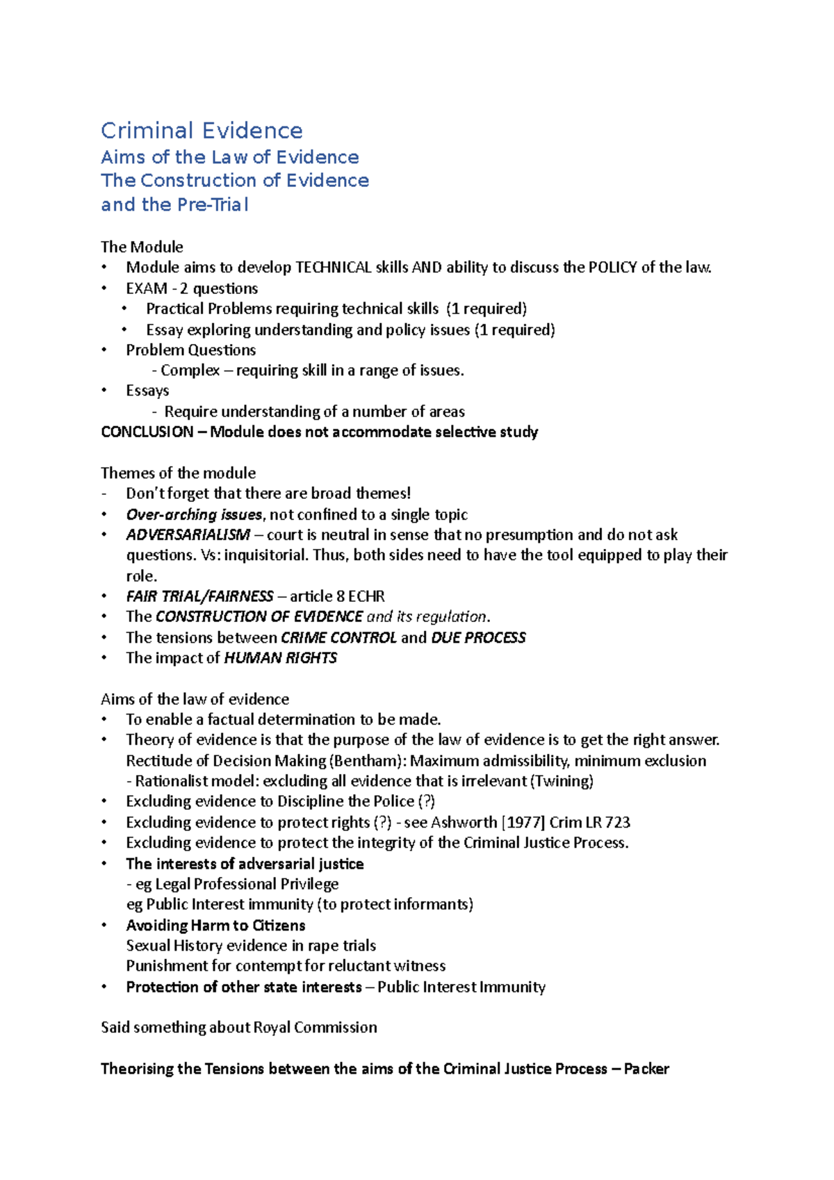 Week 1 - introduction - Criminal Evidence Aims of the Law of Evidence ...