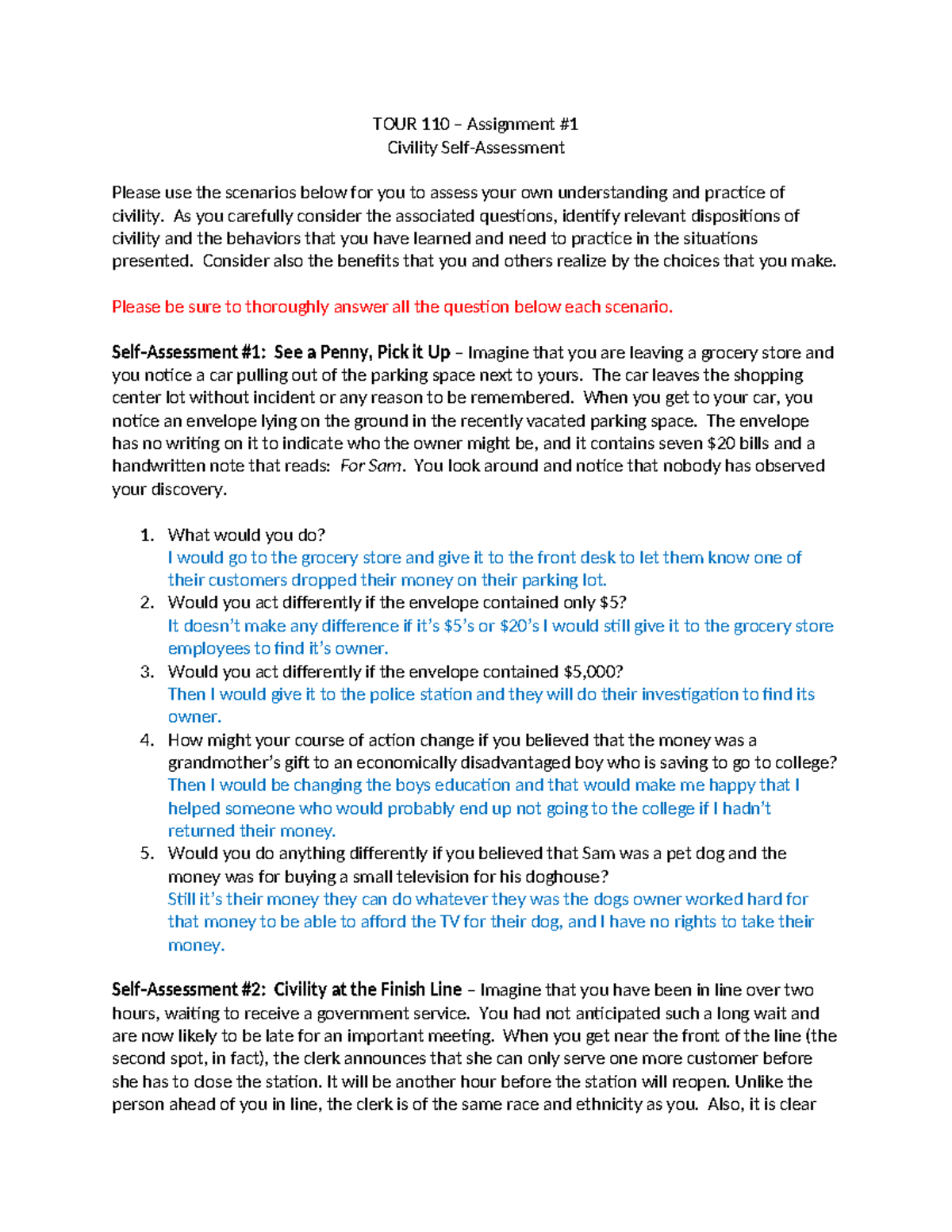 Assignment 1 TOUR 110 - TOUR 110 – Assignment # Civility Self ...
