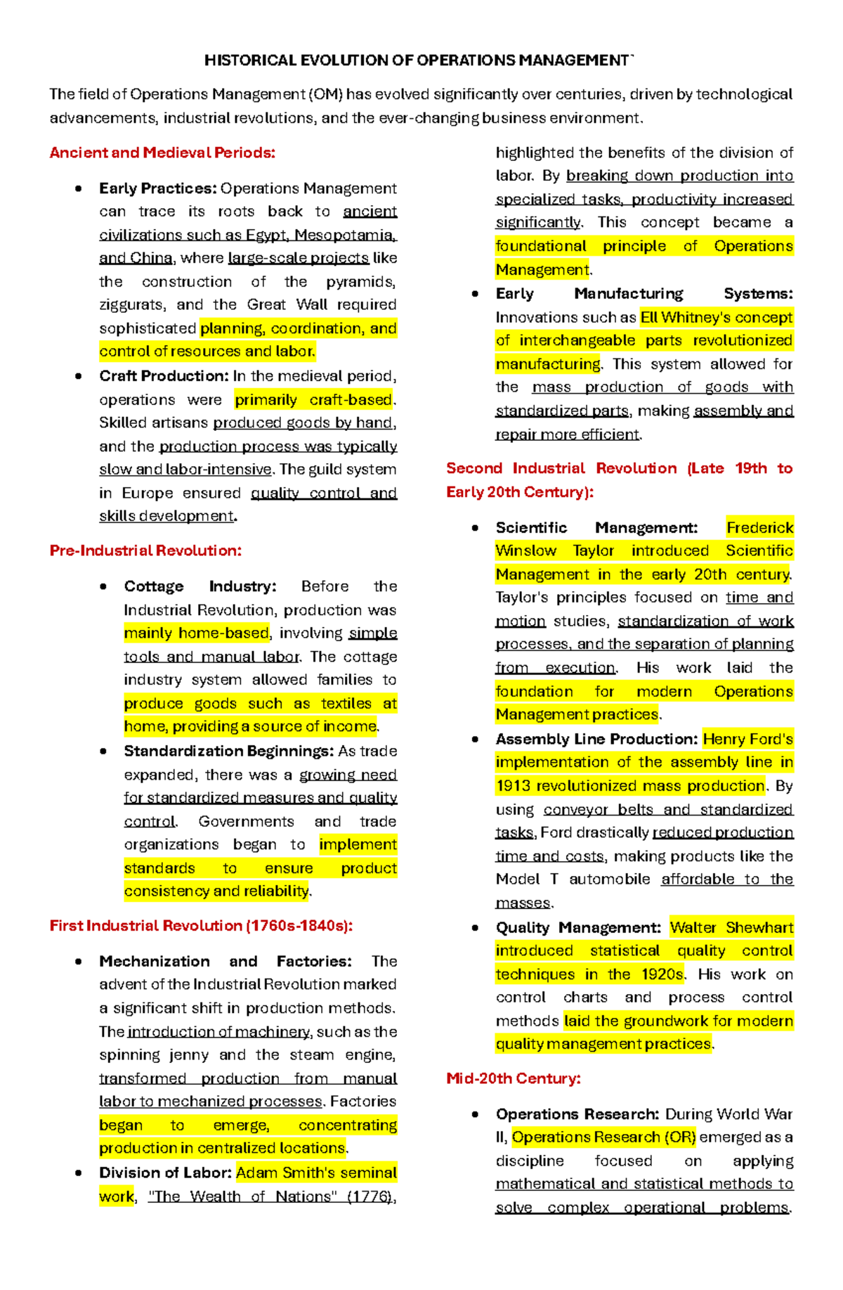 History OM reviewer - HISTORICAL EVOLUTION OF OPERATIONS MANAGEMENT ...