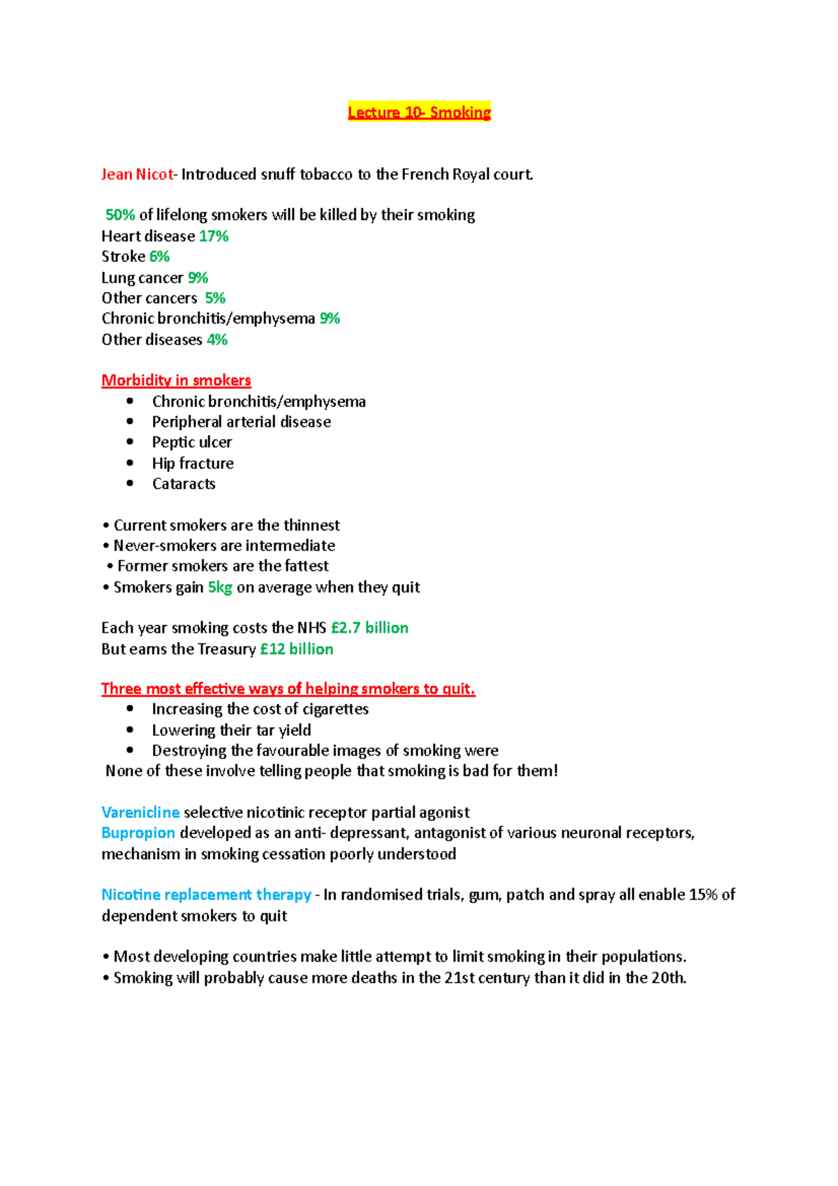Smoking - Lecture notes 5 - Lecture 10- Smoking Jean Nicot- Introduced ...
