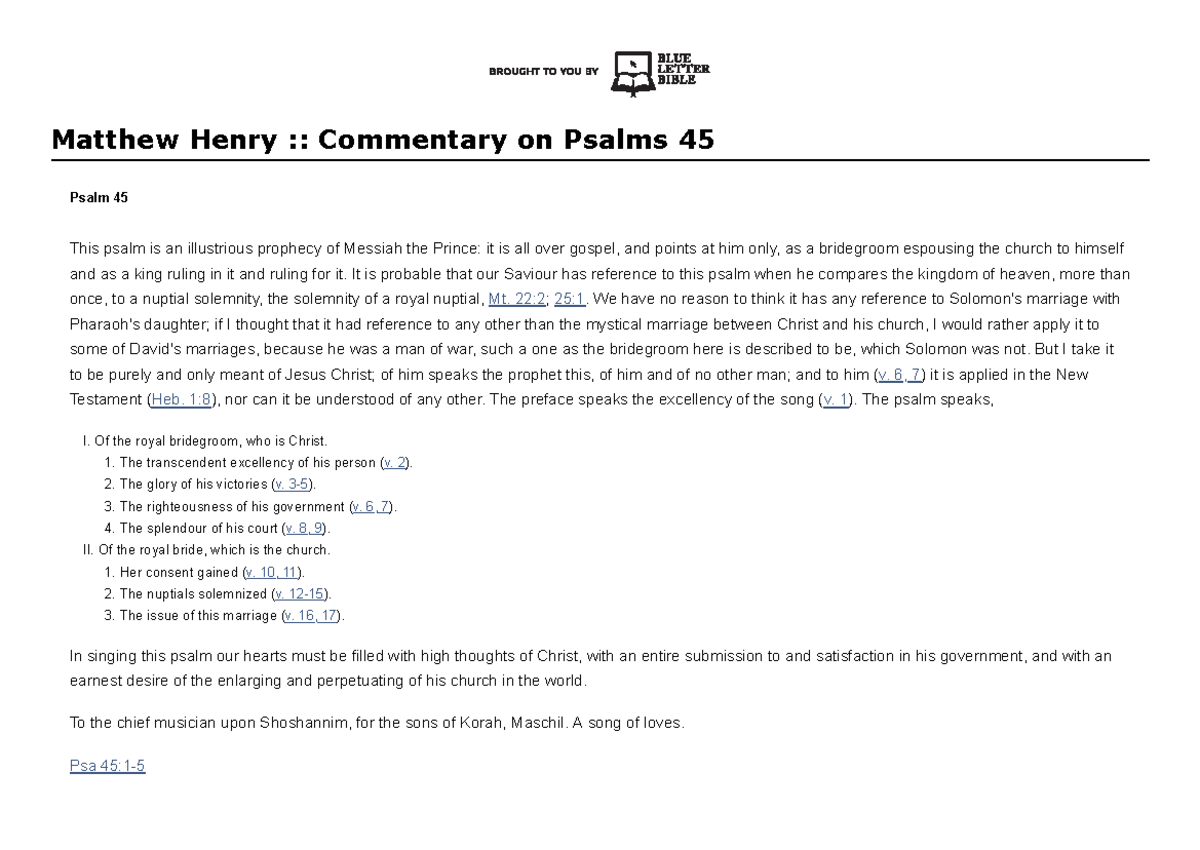 Commentary on Psalms 45 by Matthew Henry - It is probable that our ...