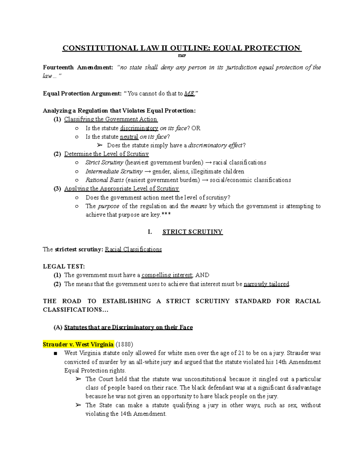 Equal Protection Outline - CONSTITUTIONAL LAW II OUTLINE: EQUAL ...