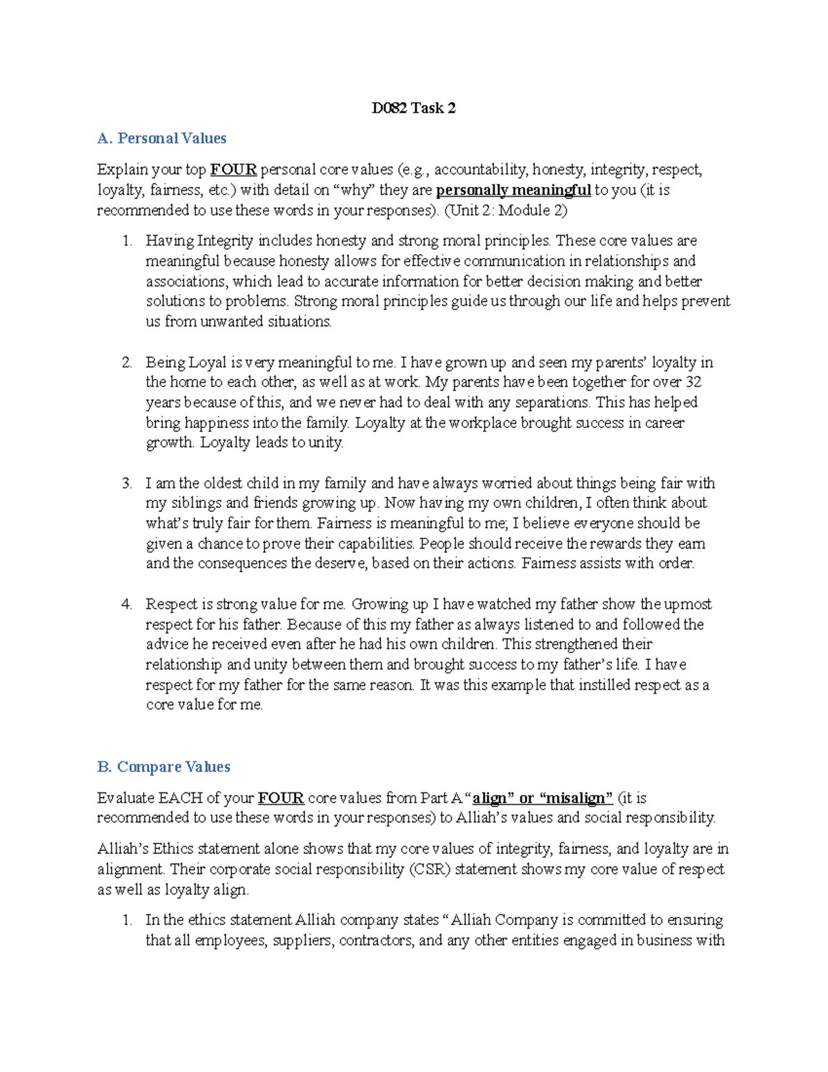 Personal Core Values and Comparison to Company Ethics and CSR - Studocu