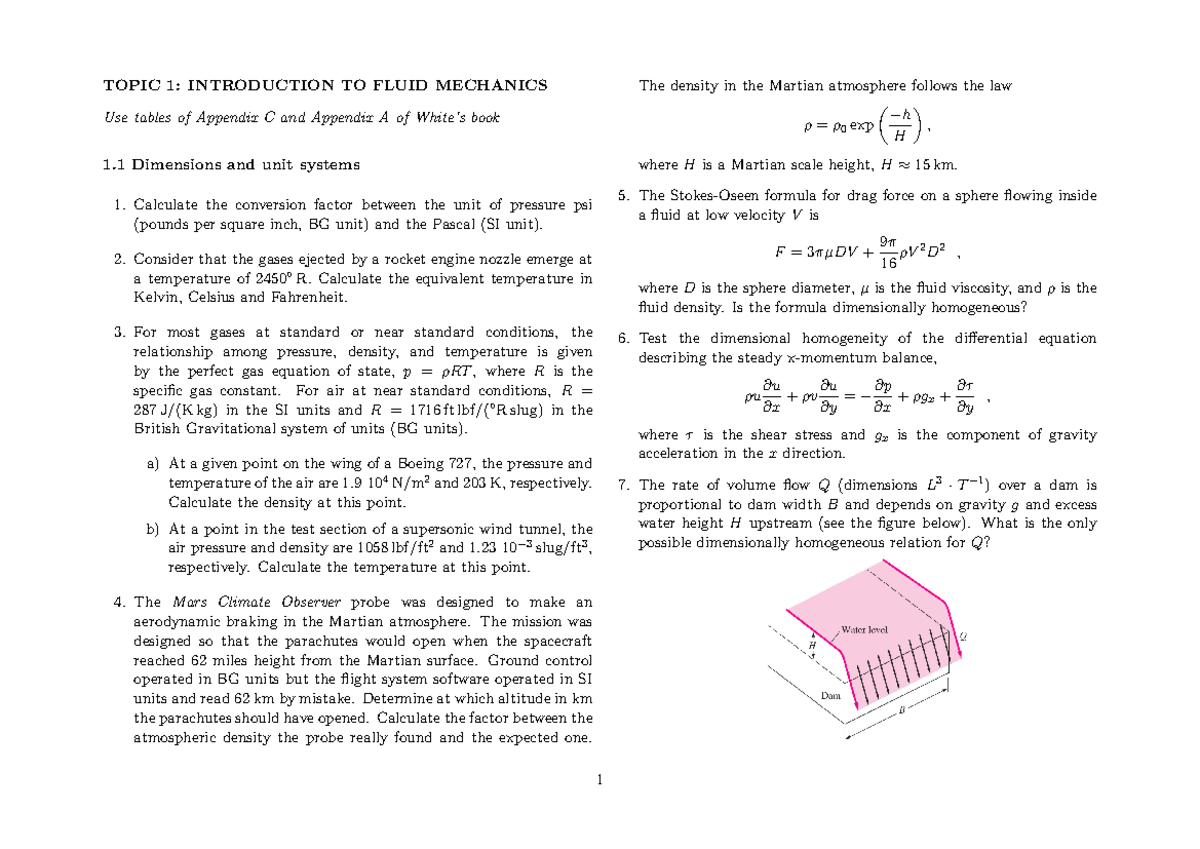 Problemes - TOPIC 1: INTRODUCTION TO FLUID MECHANICS Use tables of Appendix C and Appendix A of ...