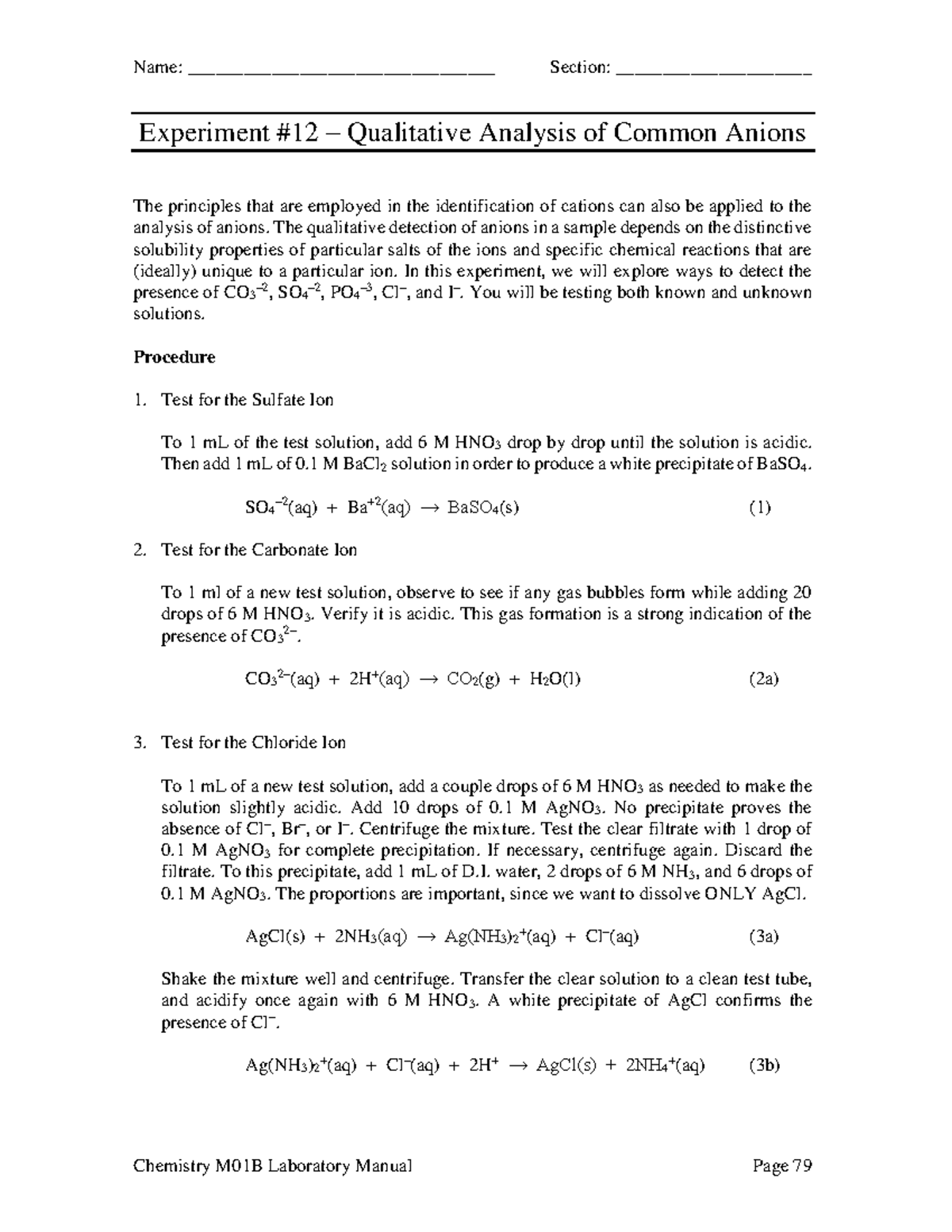Chem 1b expt12 - Chem - Experiment #12 – Qualitative Analysis of Common Anions The principles ...