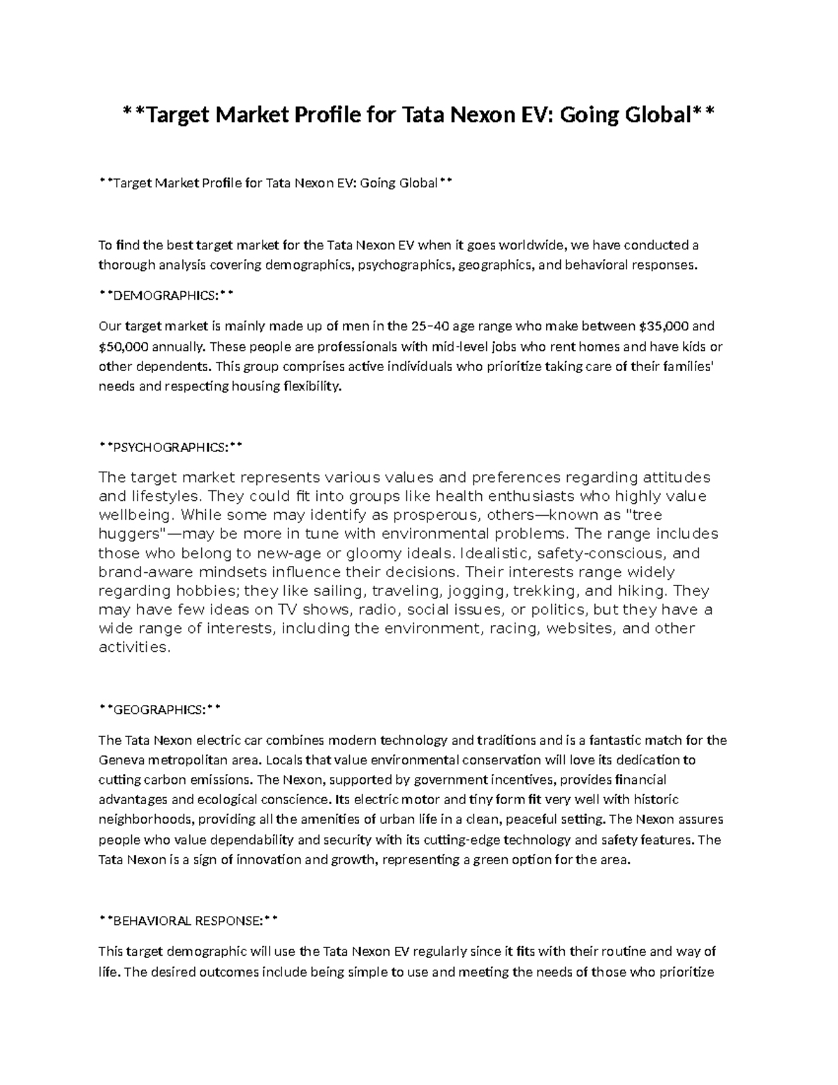 Target Market worksheet - Target Market Profile for Tata Nexon EV ...