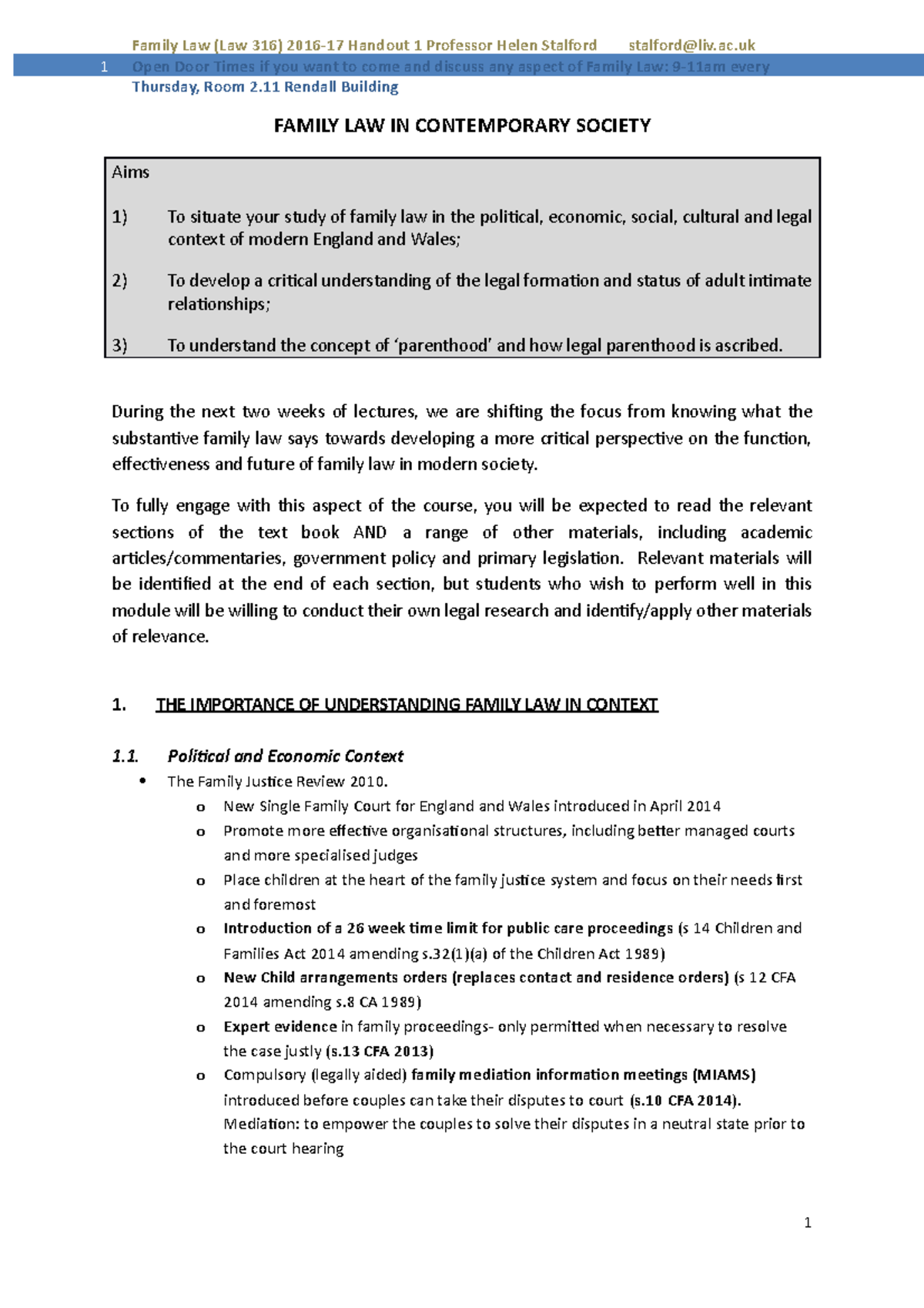 Week 1 Handout Family Law 2016-17 Stalford - Family Law (Law 316) 2016 ...