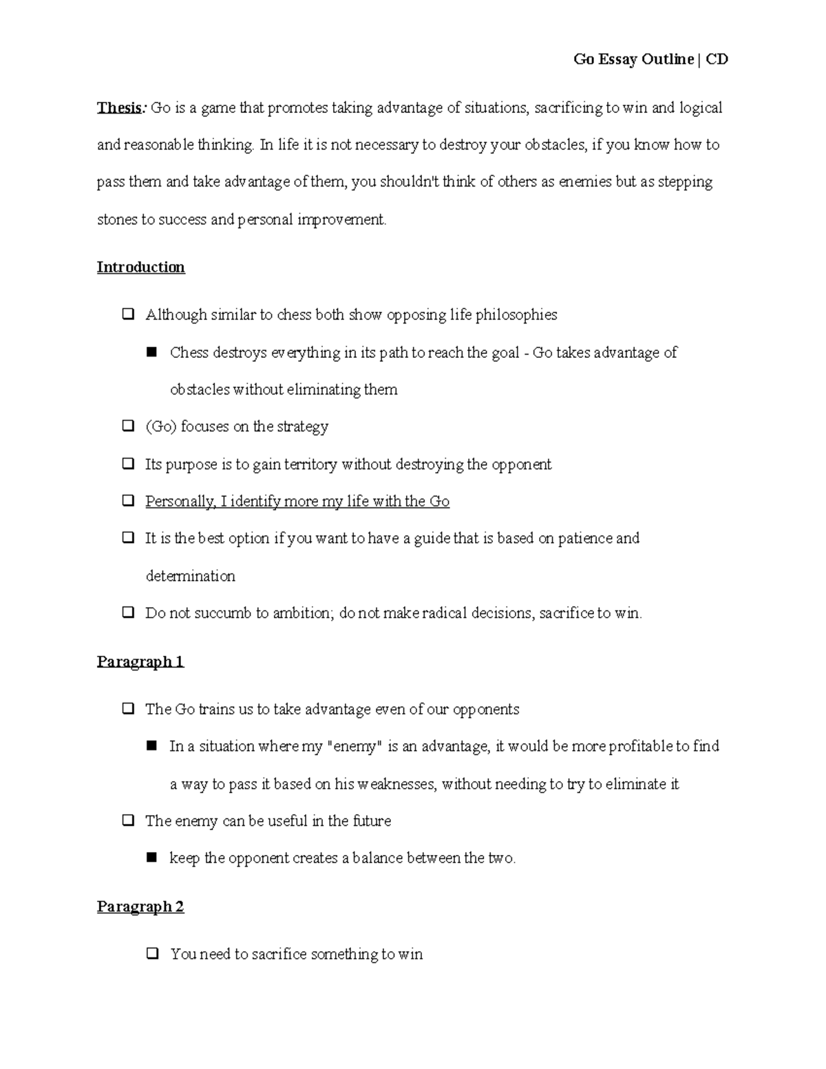 Go Essay Outline - CD - Go Essay Outline | CD Thesis : Go is a game ...