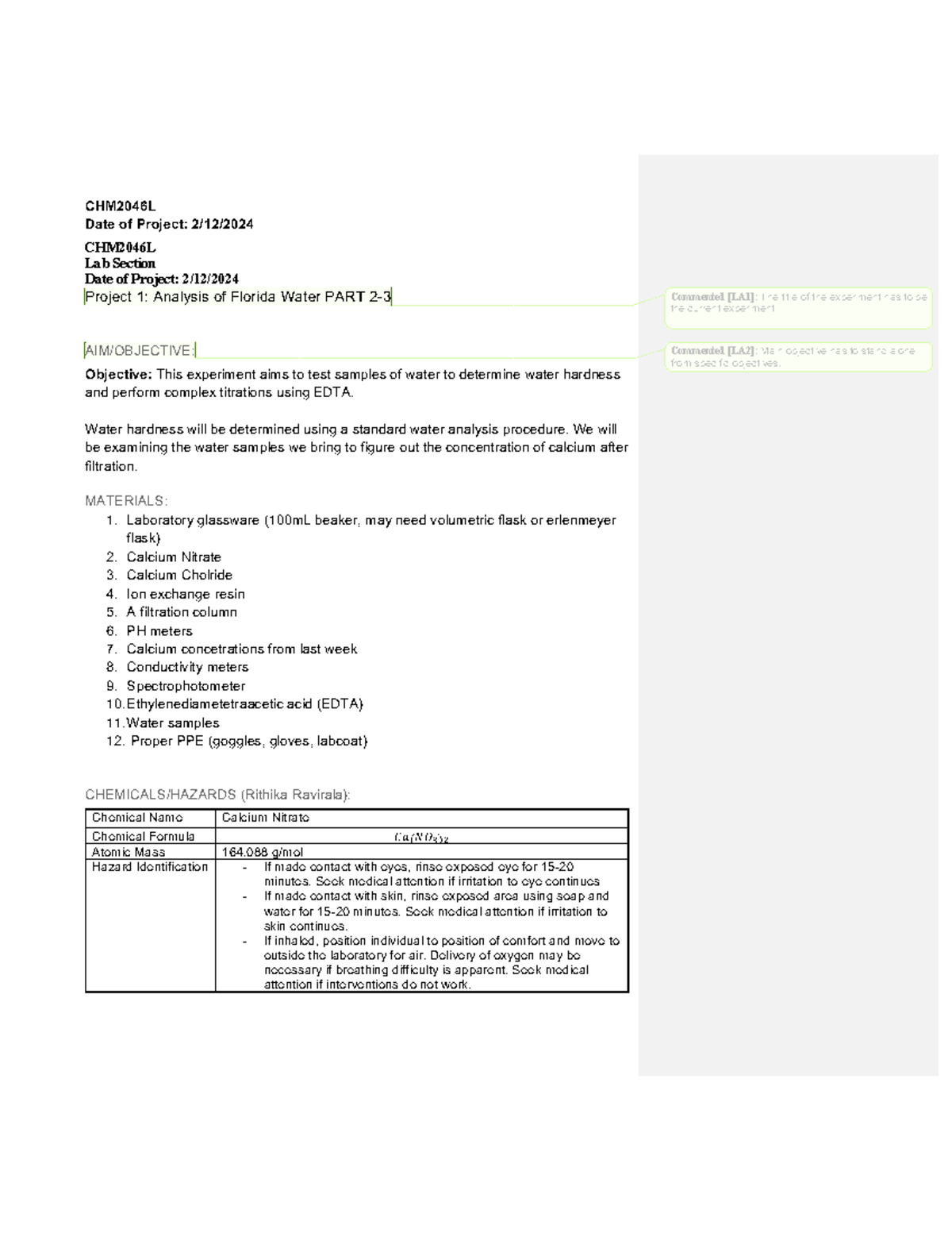 Chm2046l project 1 part 2 - Date of Project: 2/12/ CHM2046L Lab Section ...
