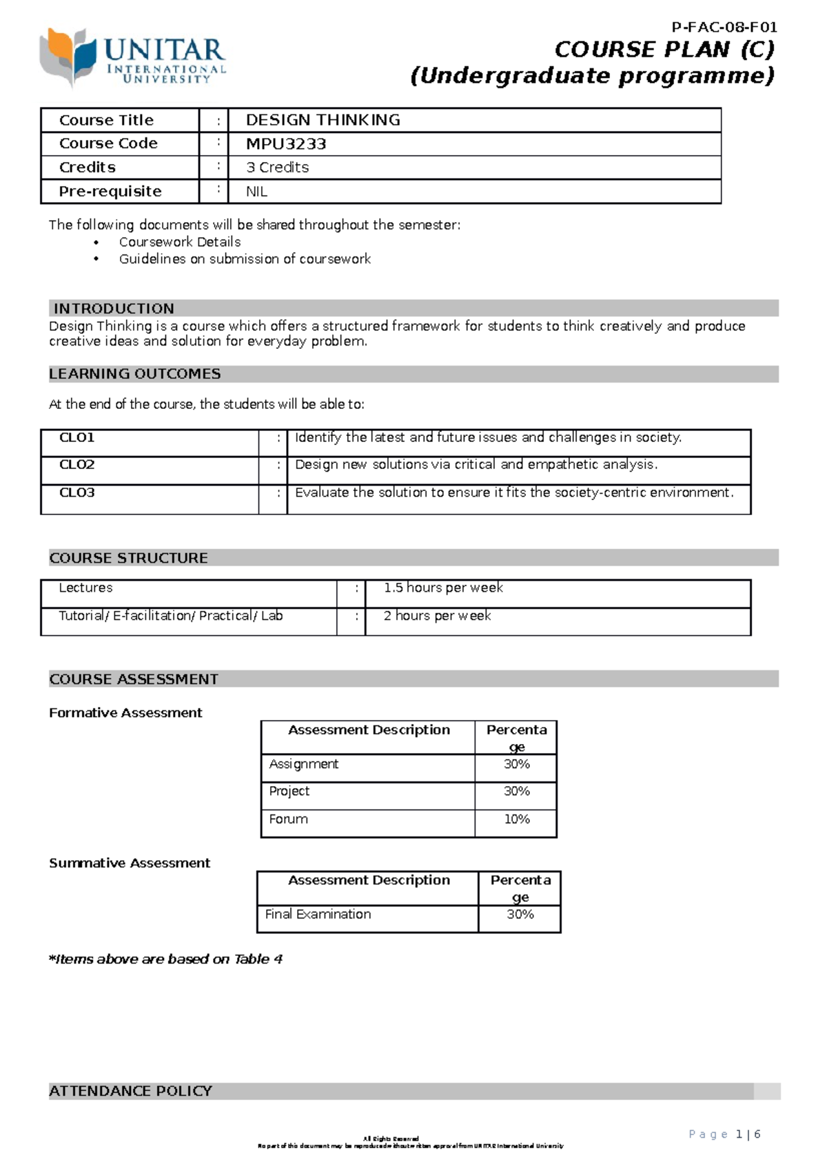 P-FAC-08-F01 Design Thinking Sep 23 C (UG) V3 - COURSE PLAN (C) (Undergraduate programme) Course ...