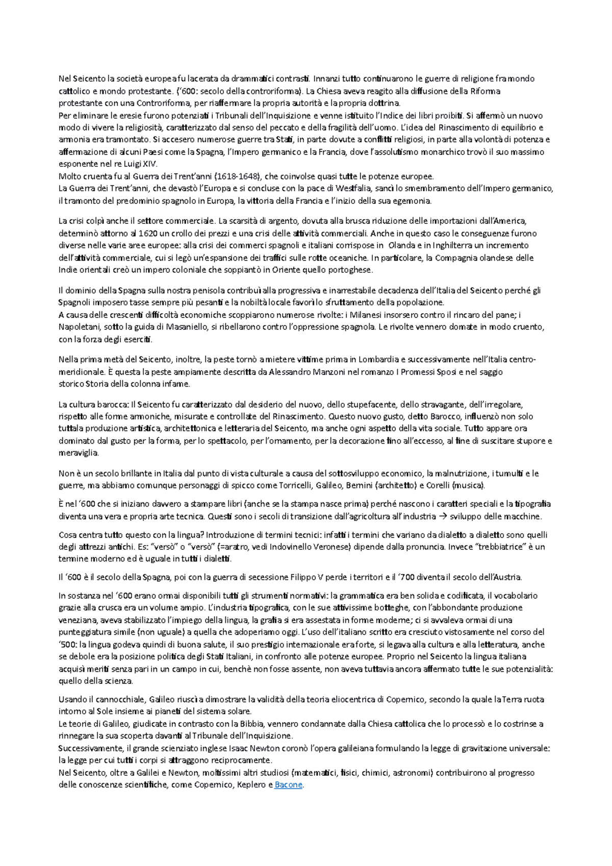 Appunti - Quadro storico Seicento - Linguistica italiana - Nel Seicento ...