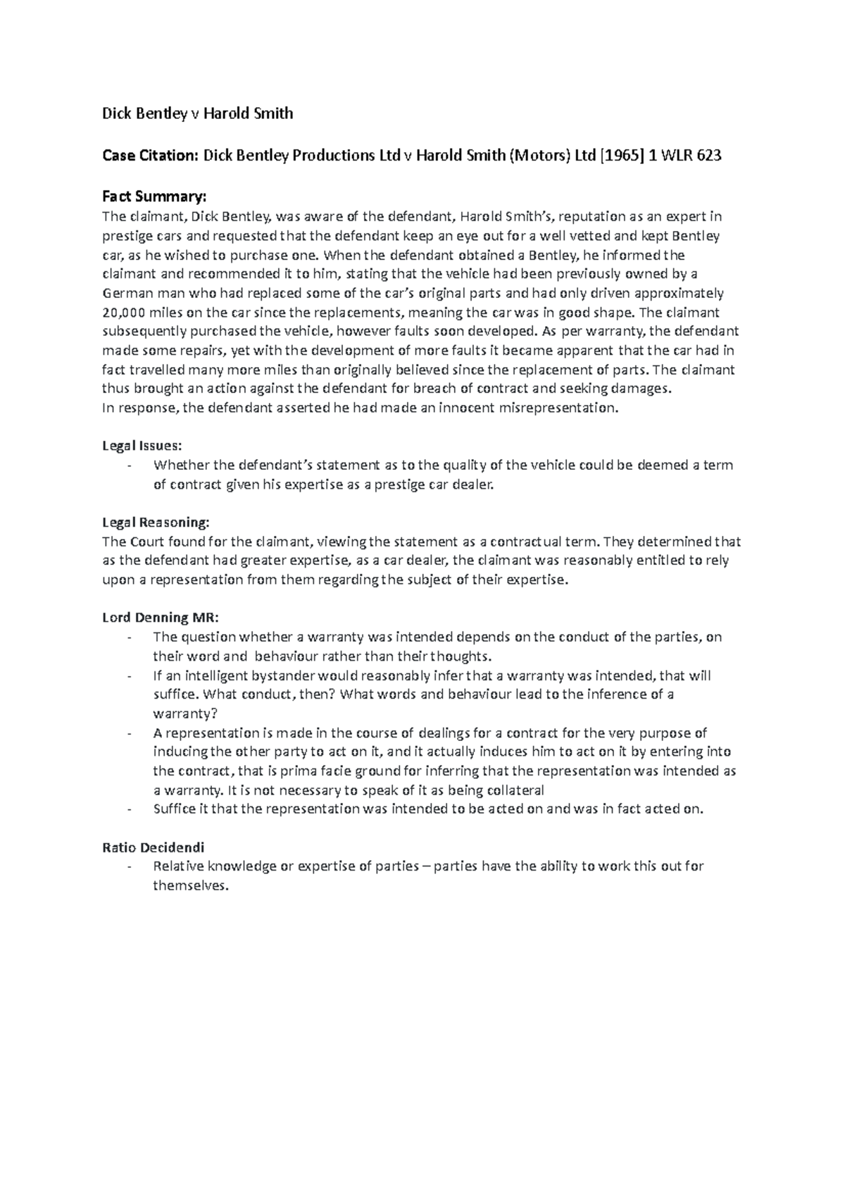 Dick Bentley v Harold Smith - When the defendant obtained a Bentley, he ...