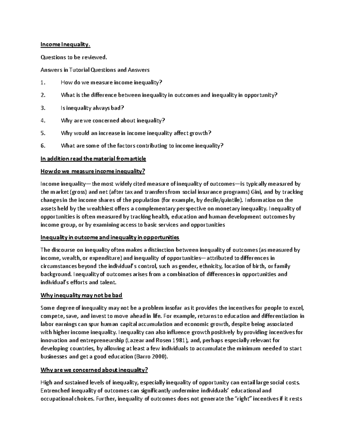 Income Inequality Review Sheet - Income Inequality. Questions to be ...