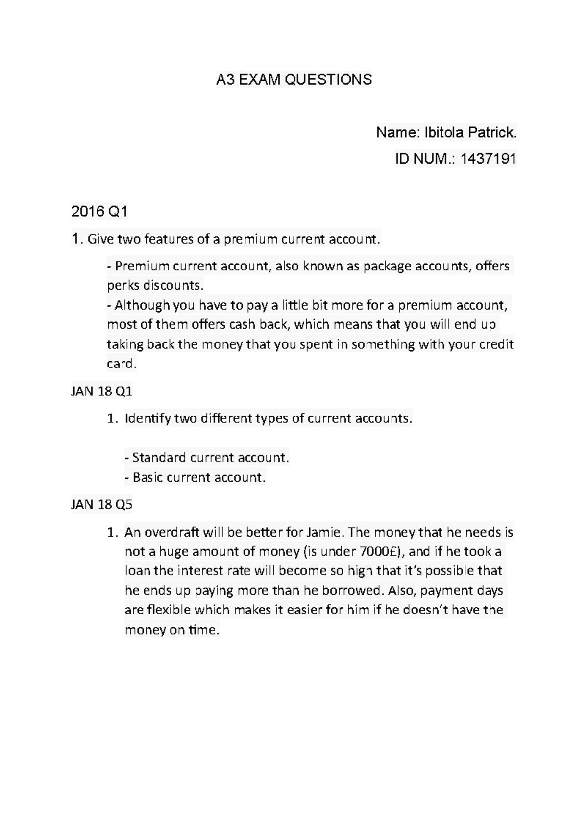 Exam 3 question papers, Business Year 3 level 1. - A3 EXAM QUESTIONS ...