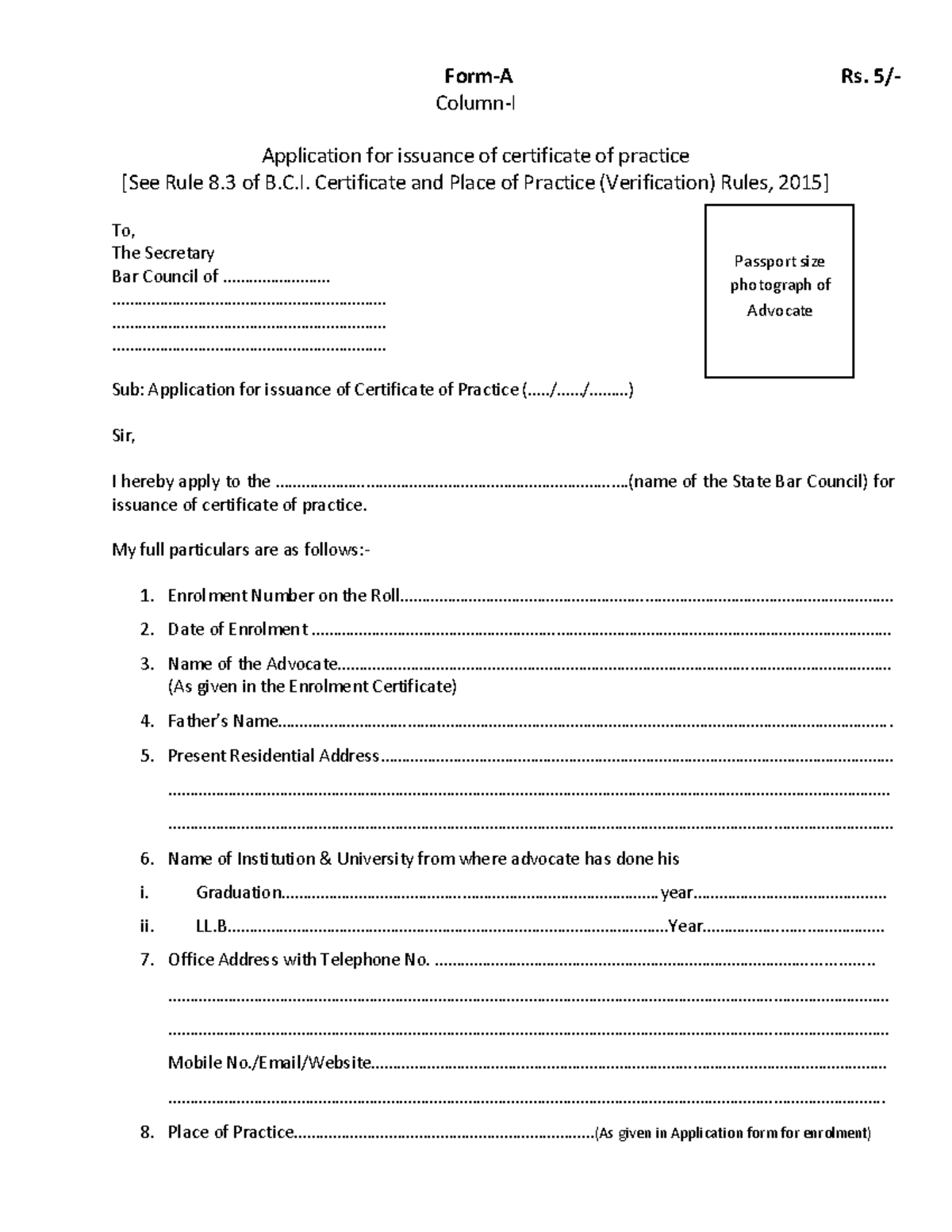 AIBE Form Law Forms Form A Rs 5 Column I Application For aibe-form-law-forms-form-a-rs-5-column-i-application-for