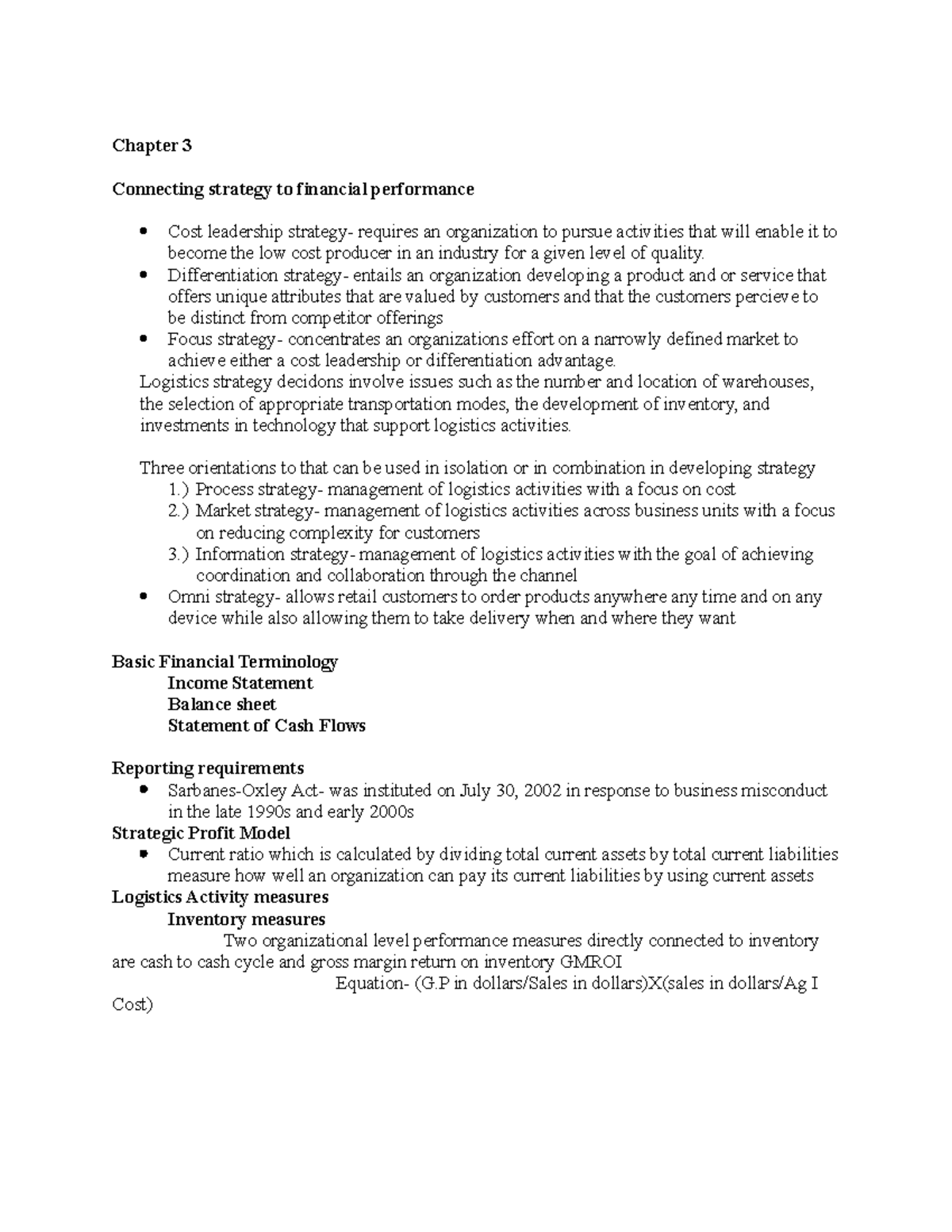 Chapter 3 and 4 - Notes - Chapter 3 Connecting strategy to financial ...
