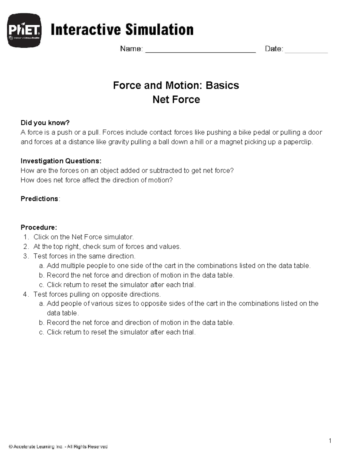 Assignment - Force and Motion PHe T - Force and Motion: Basics Net ...