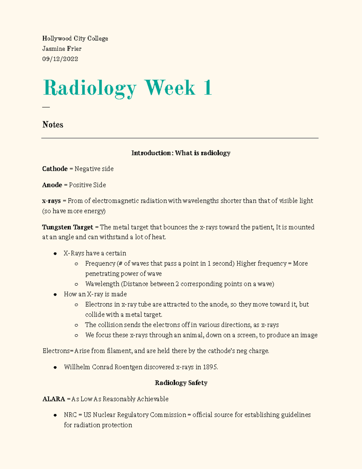 Class notes - Hollywood City College Jasmine Frier 09/12/ Radiology ...