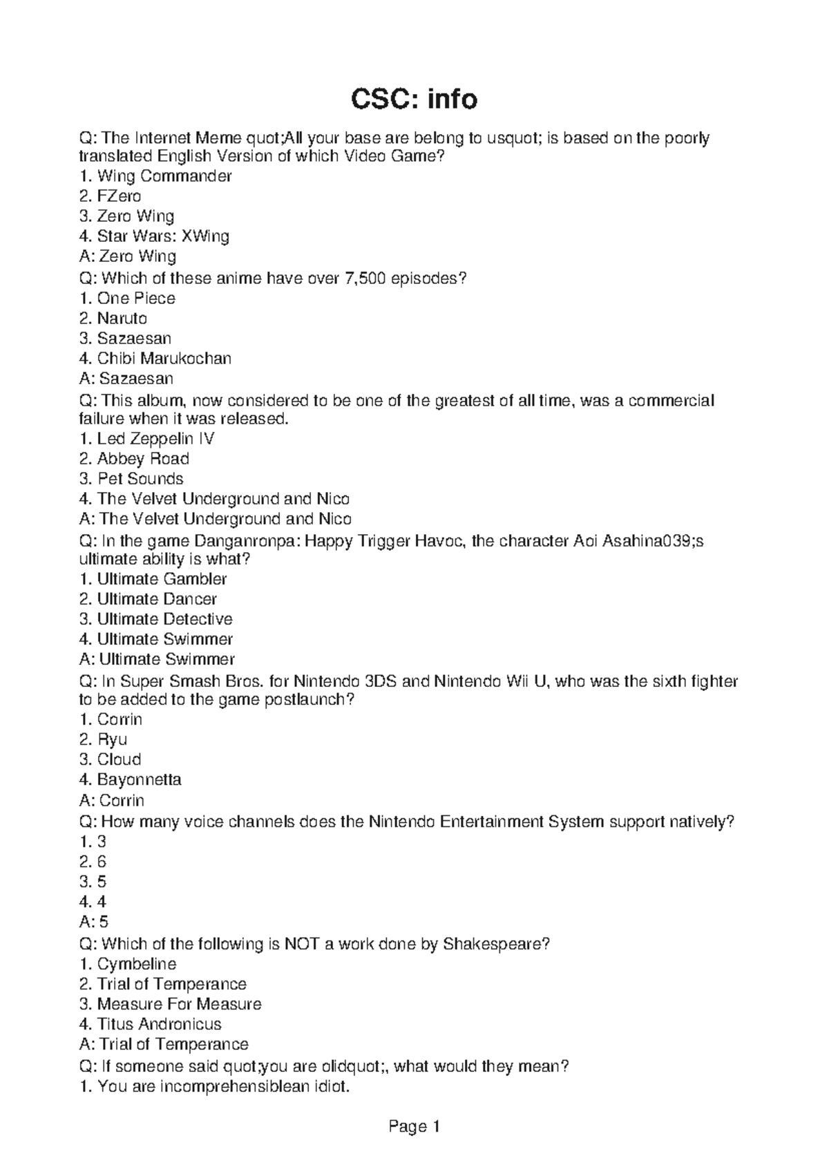 CSC112 Summary 6 - CSC: info Q: The Internet Meme quot;All your base ...